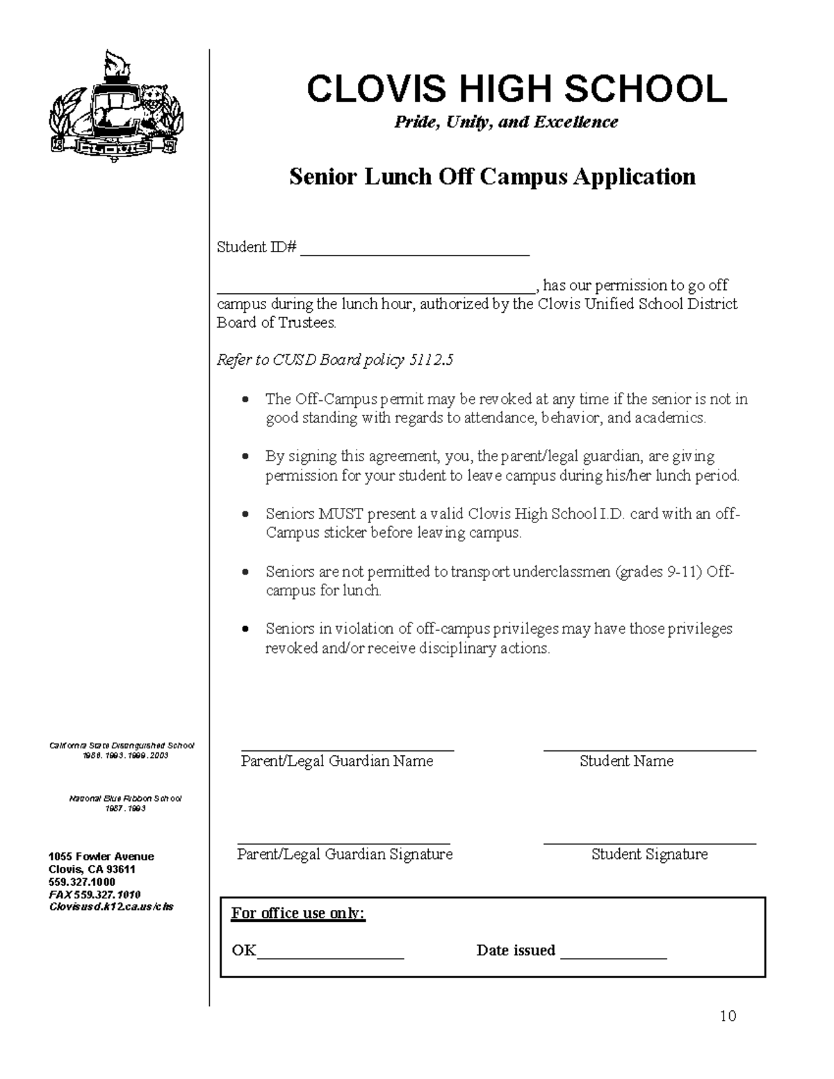CHS Senior Lunch Off Campus Application 2024-252 - 10 California State ...