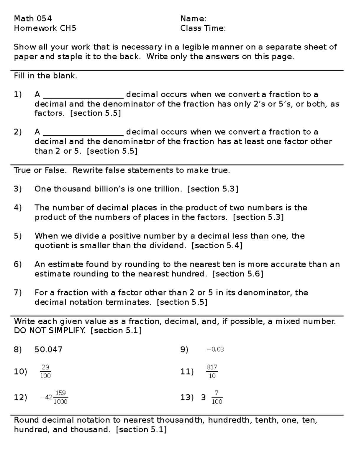 Math 054 Chapter 5HW - Math 054 Homework CH5 Name: Class Time: Show all ...