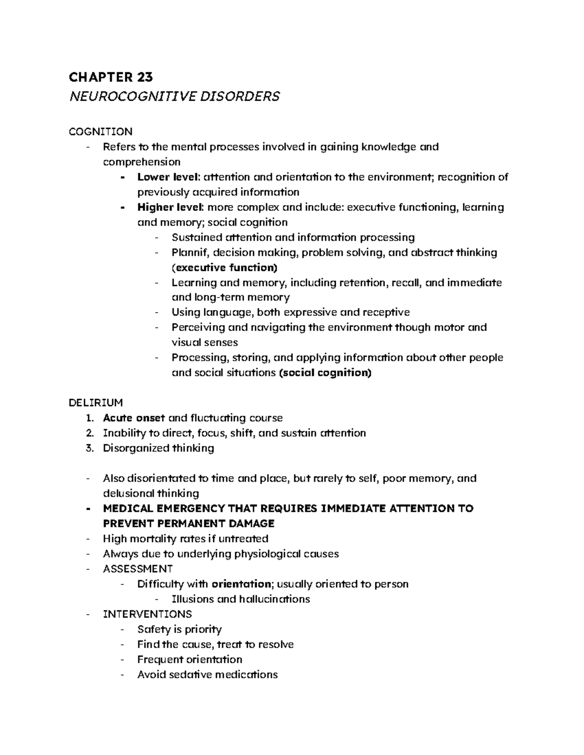 Chapter 23 - lecture notes - CHAPTER 23 NEUROCOGNITIVE DISORDERS ...