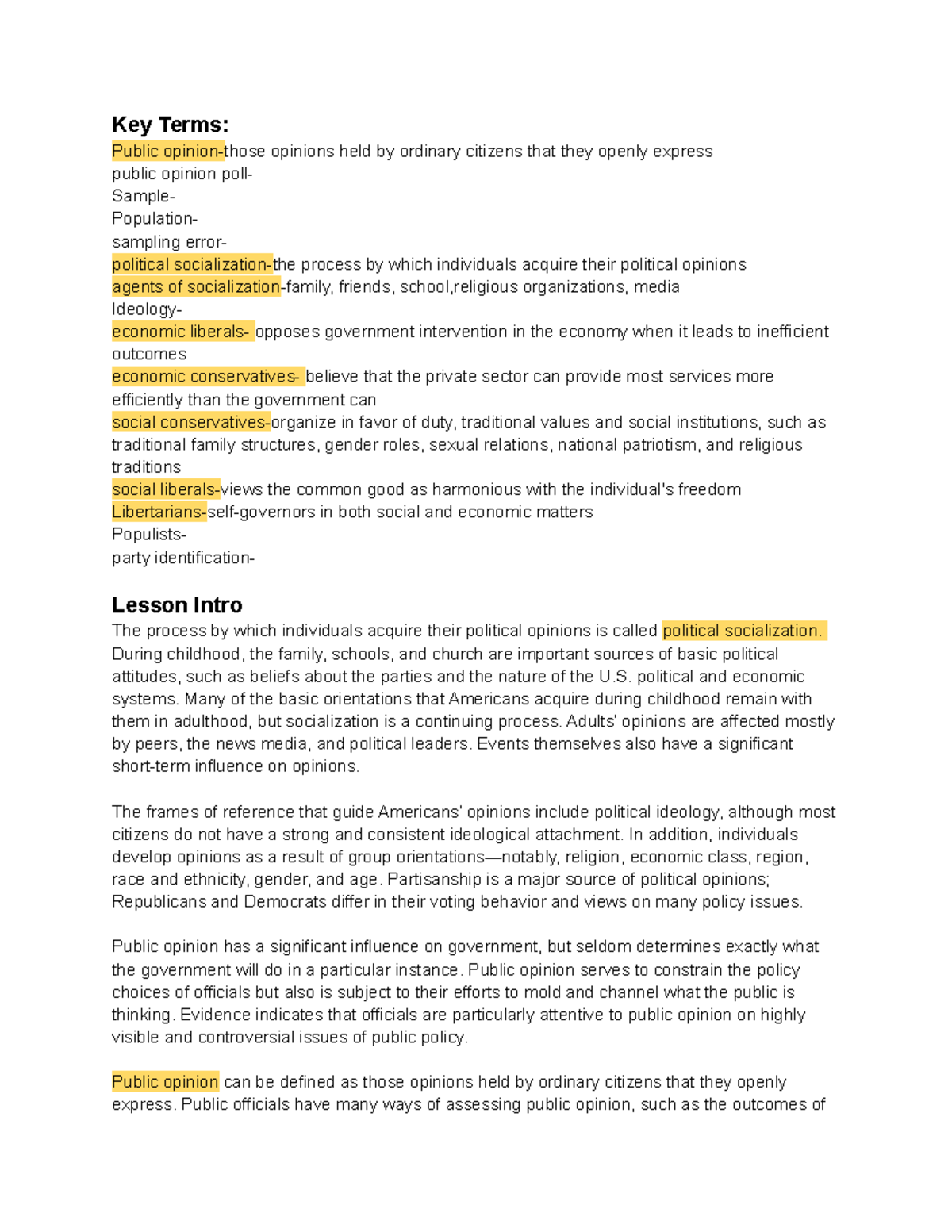 Gov ch6 notes - Key Terms: Public opinion-those opinions held by ...