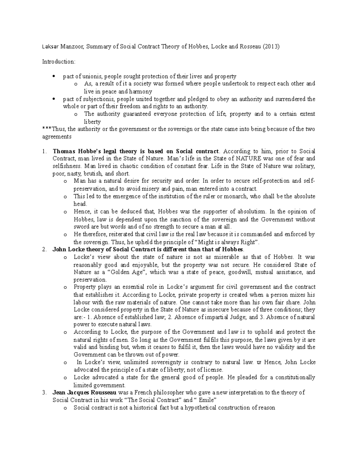 social Contract Theory in the modern era - Laksar Manzoor, Summary of ...