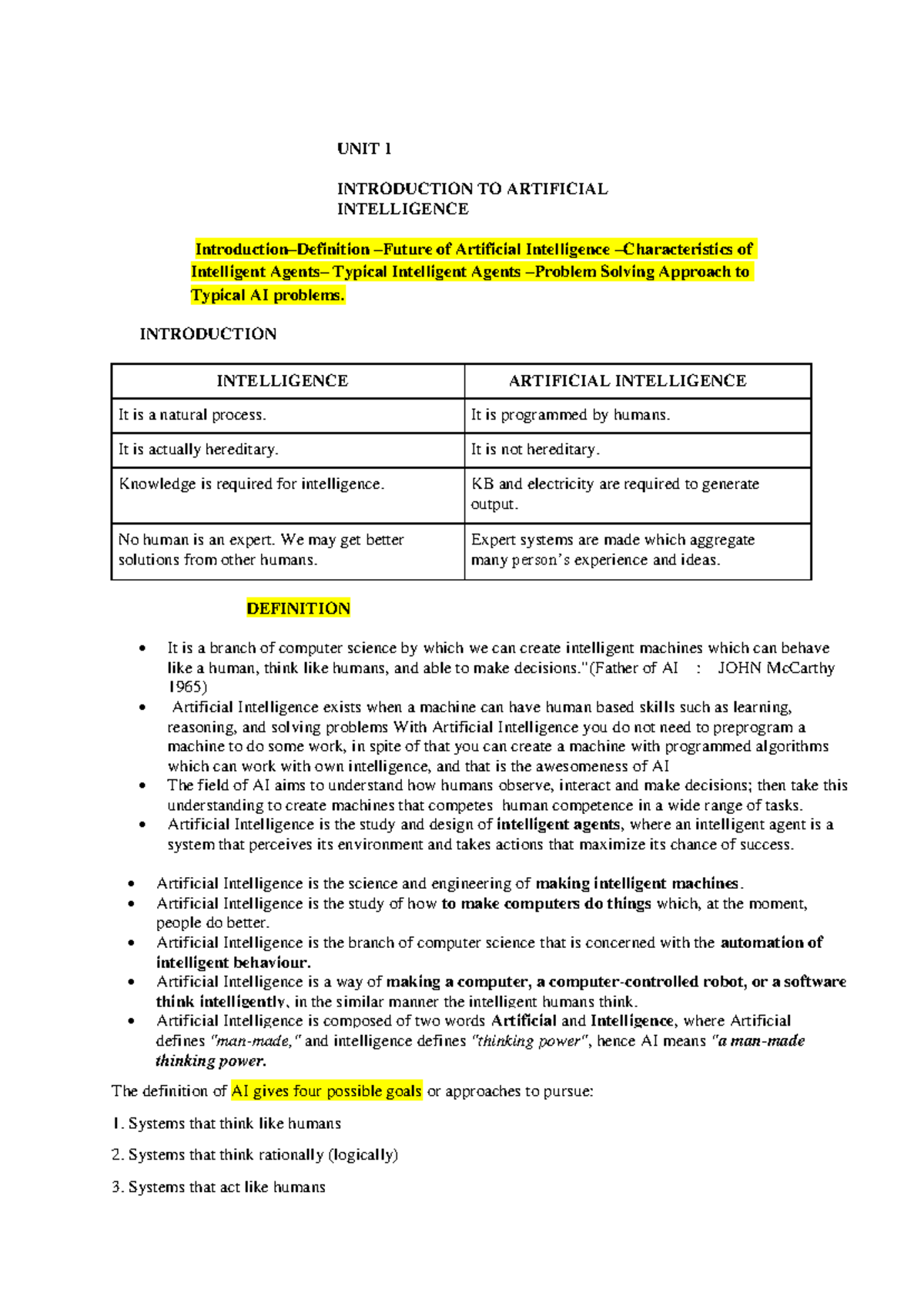 AI-UNIT 1 - AI unit 1 - UNIT 1 INTRODUCTION TO ARTIFICIAL INTELLIGENCE ...