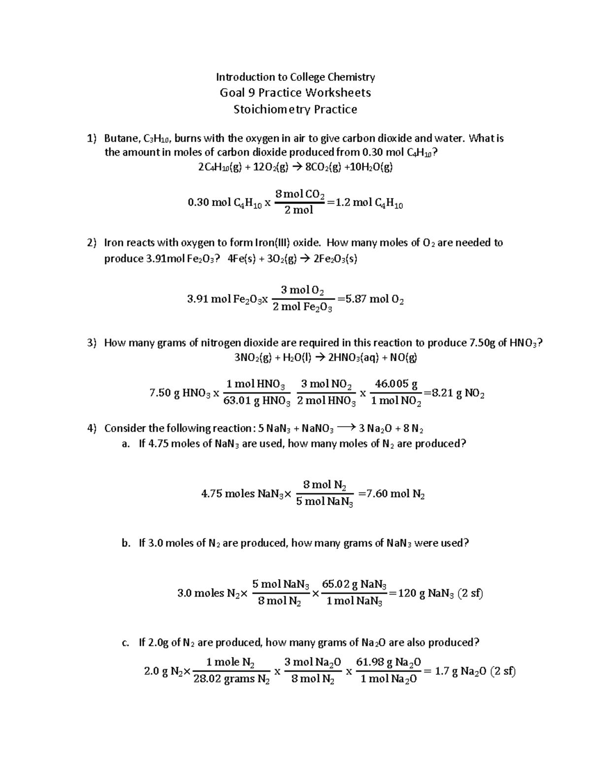 Goal 9 Practice Worksheets - Introduction to College Chemistry Goal 9 ...
