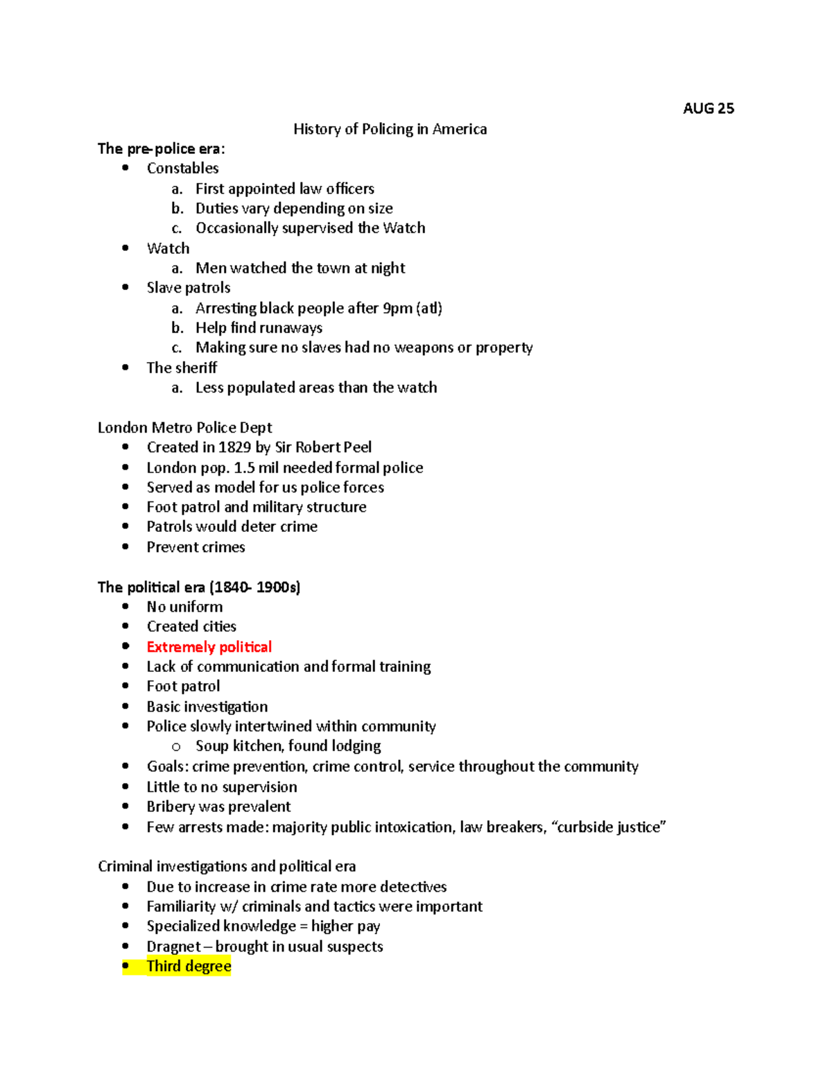 Class notes - AUG 25 History of Policing in America The pre-police era ...