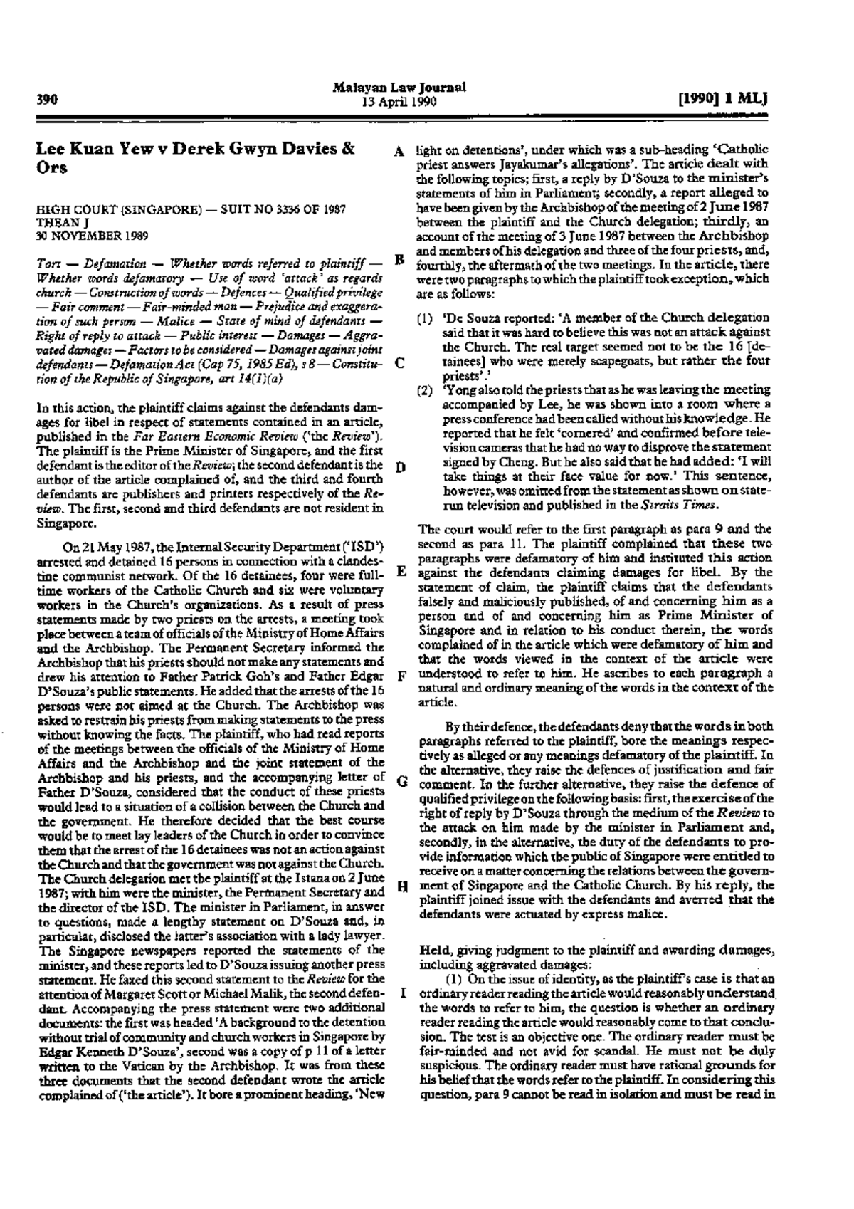 LEE KUAN YEW v Derek GWYN Davies & ORS - Tort Law - Studocu