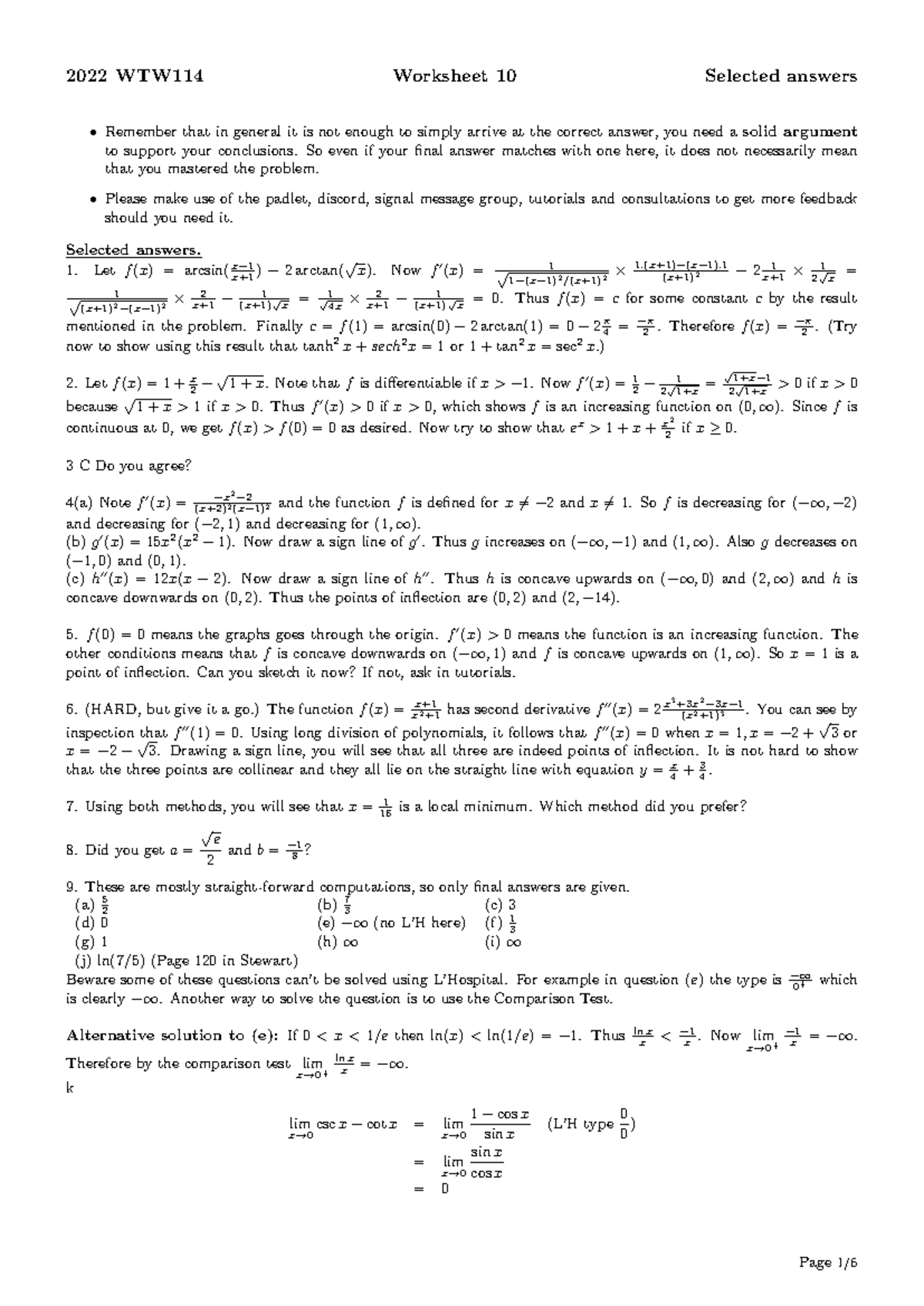Worksheet 10 - selected answers - 2022 WTW114 Worksheet 10 Selected ...