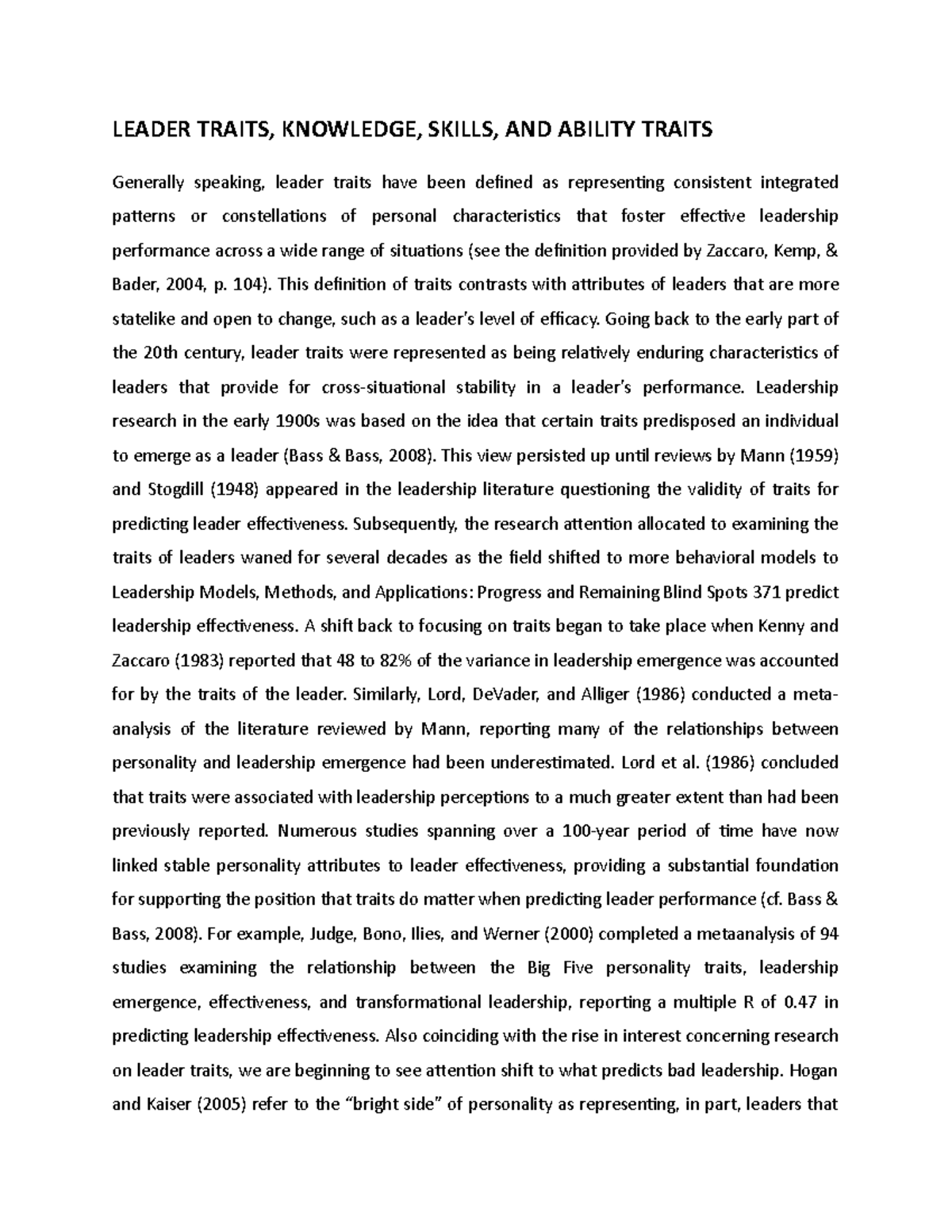 Leader Traits, Knowledge, Skills, AND Ability Traits - LEADER TRAITS ...