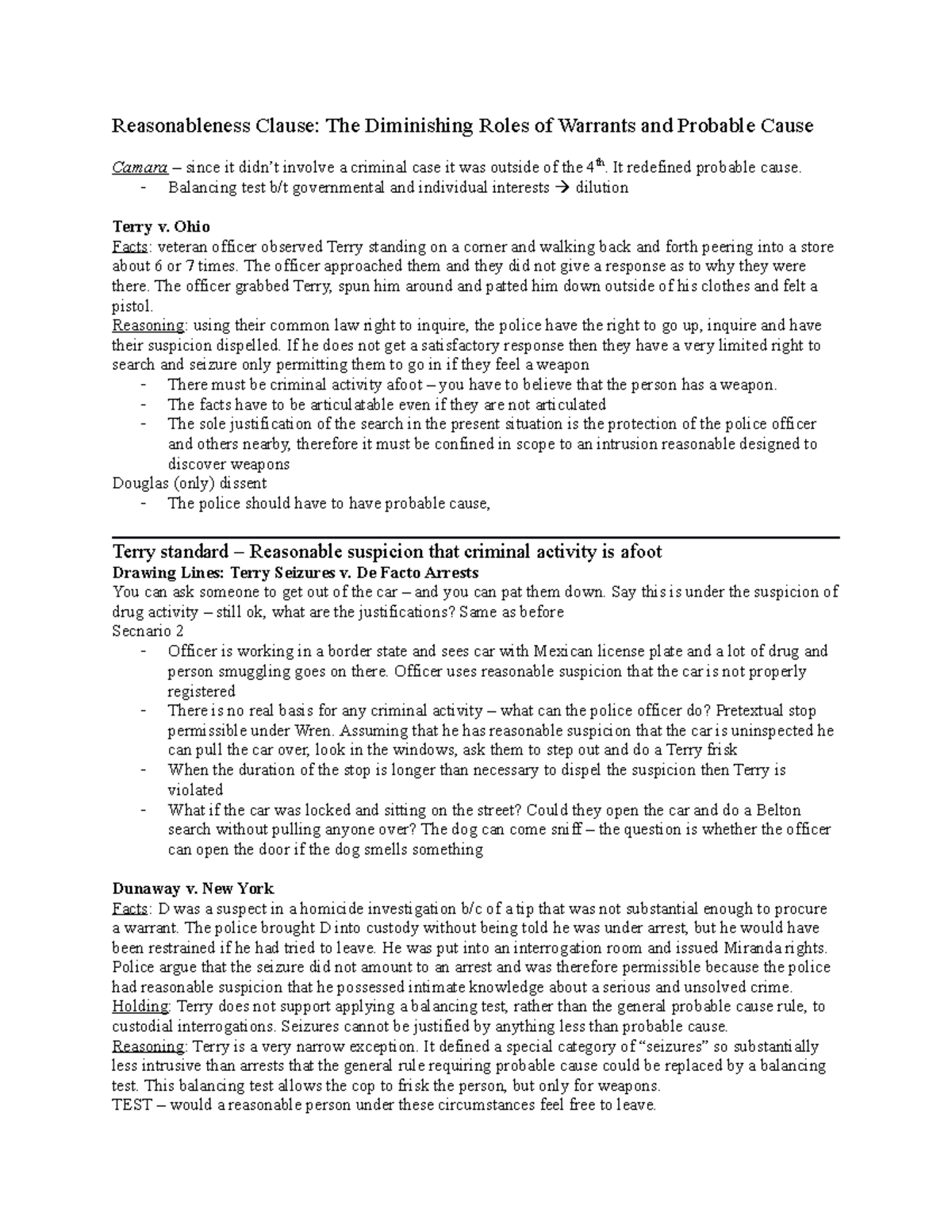 Reasonableness Clause - It redefined probable cause. - Balancing test b ...