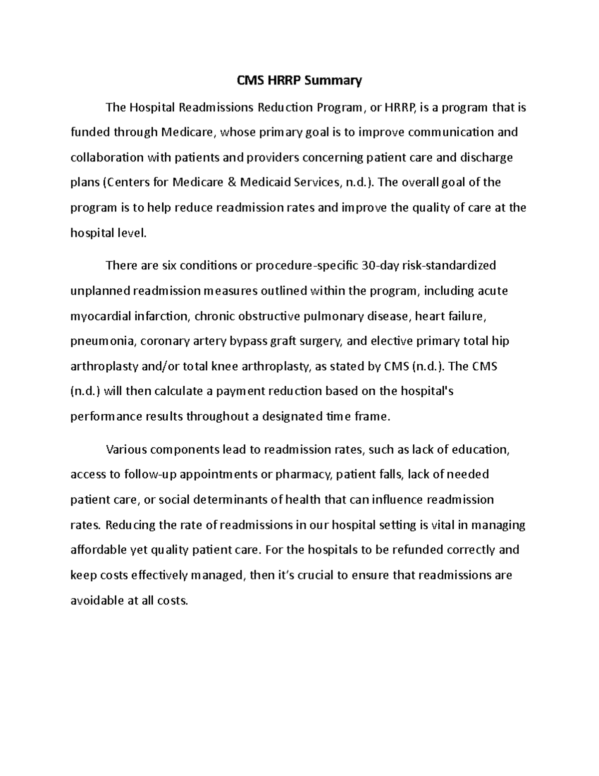 Cms HRRP - CMS HRRP - CMS HRRP Summary The Hospital Readmissions ...