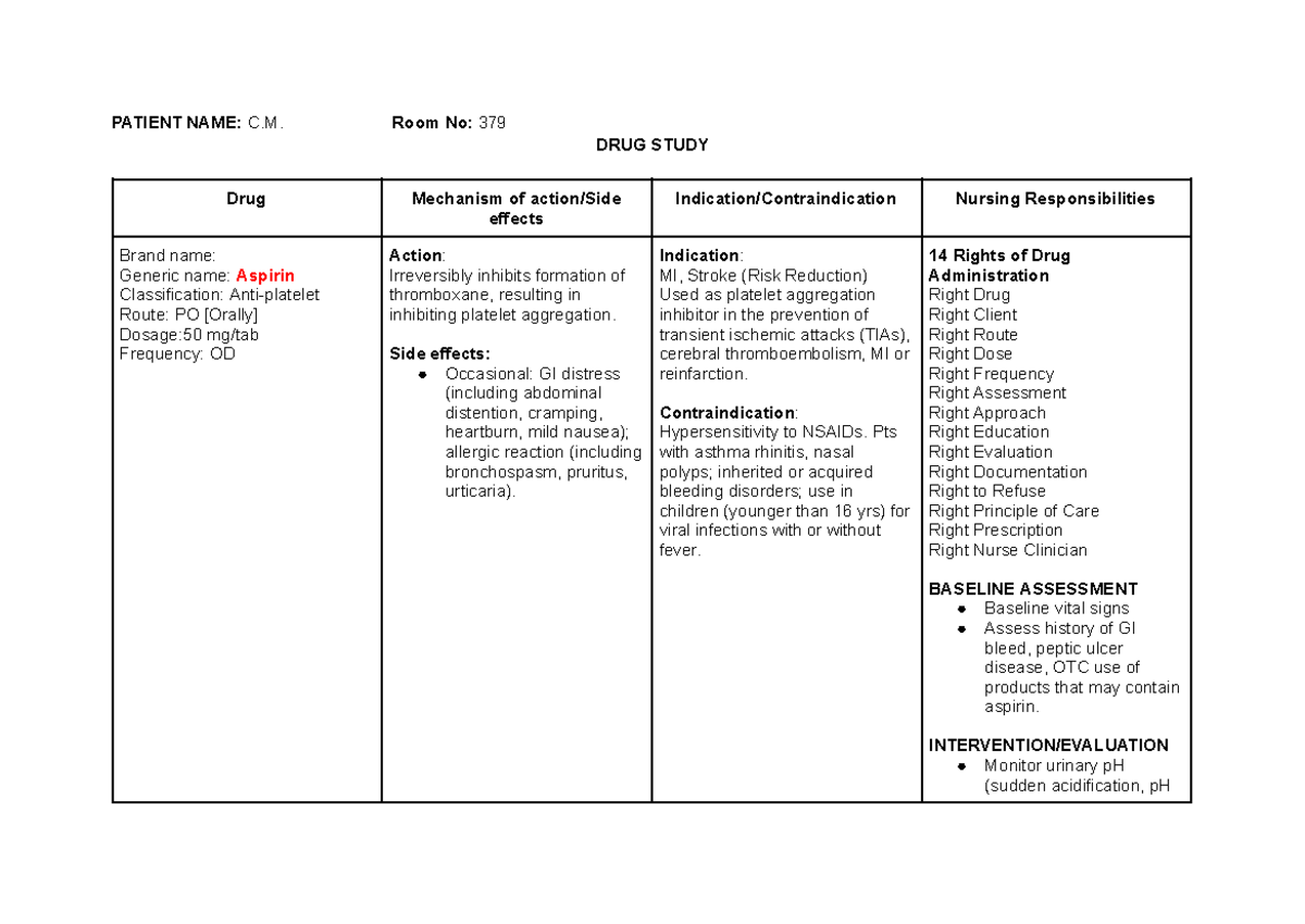 DRUG Study - notes - PATIENT NAME: C. Room No: 379 DRUG STUDY Drug ...
