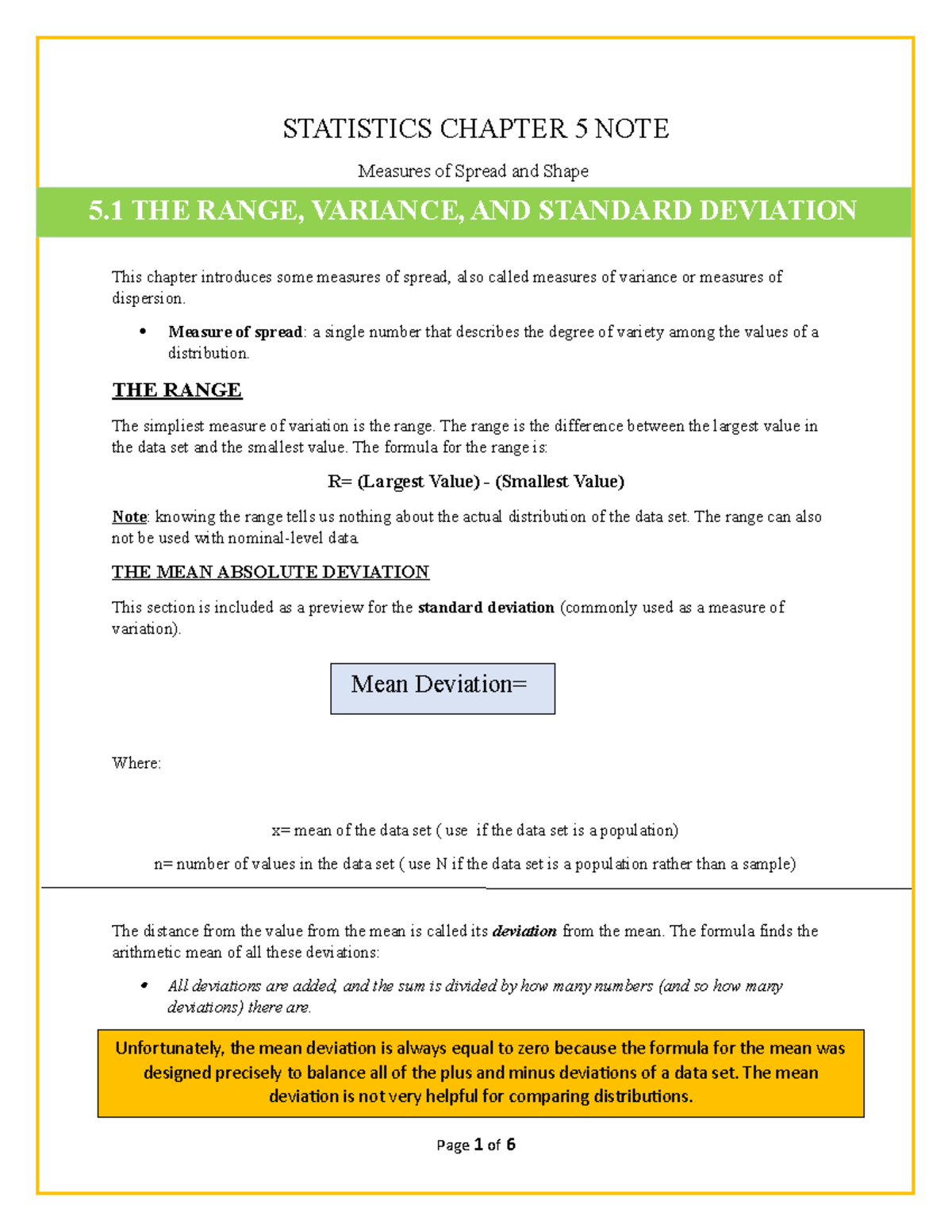 Statistics Chapter 5 Note - STATISTICS CHAPTER 5 NOTE ####### Measures ...