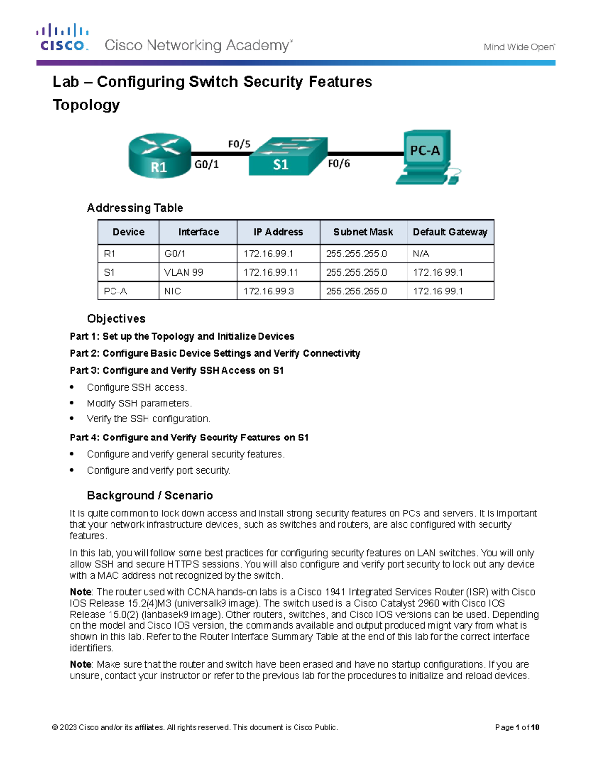 5229 Lab Configuring Switch Security Features Topology Addressing Table Device Interface