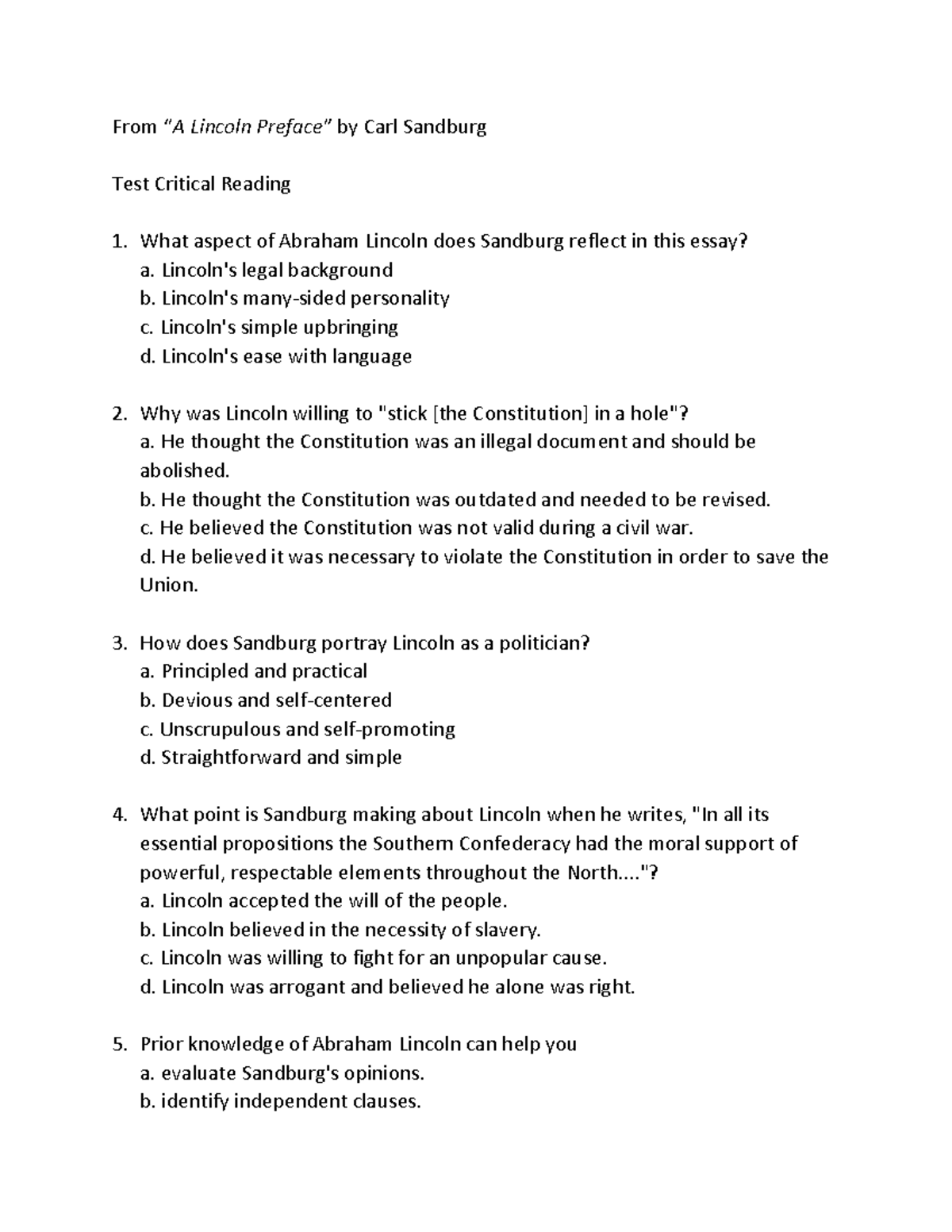 A Lincoln Preface crt 1-13 - From “A Lincoln Preface” by Carl Sandburg ...