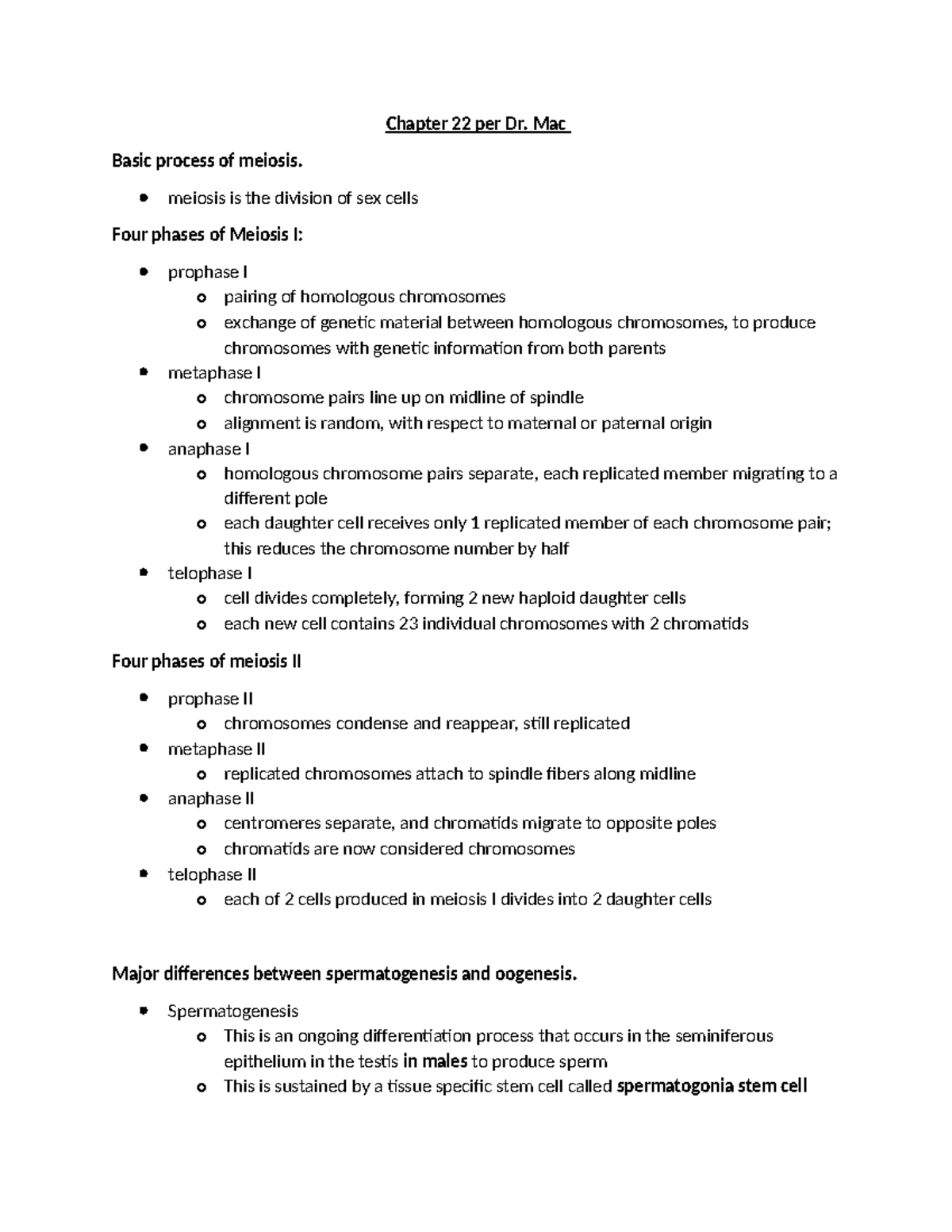 Chapter 22 a&p 2 - Chapter 22 per Dr. Mac Basic process of meiosis ...