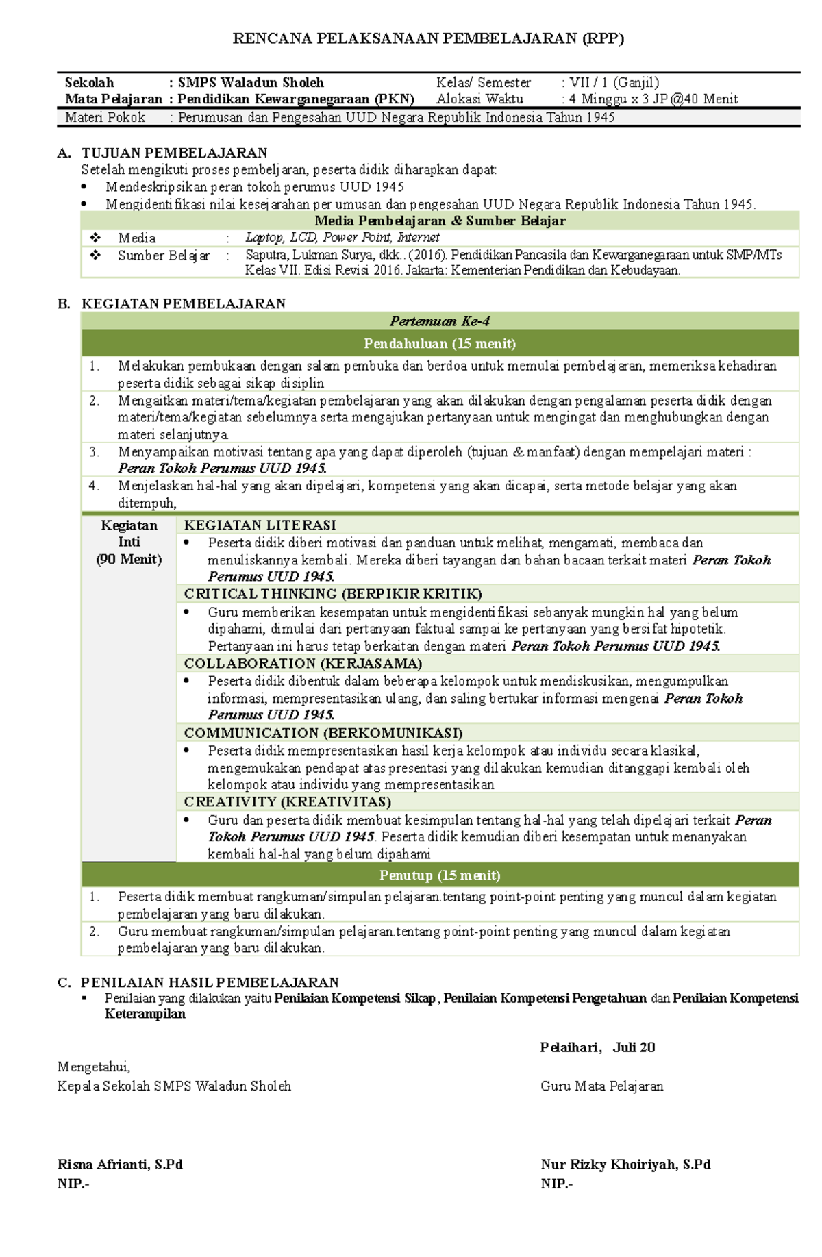 3.4 RPP I PKN Kelas 7 - ( Dicariguru - RENCANA PELAKSANAAN PEMBELAJARAN ...