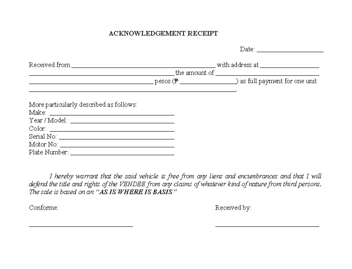 Acknowledgement Receipt Motor Vehicle - Araling Panlipunan ...