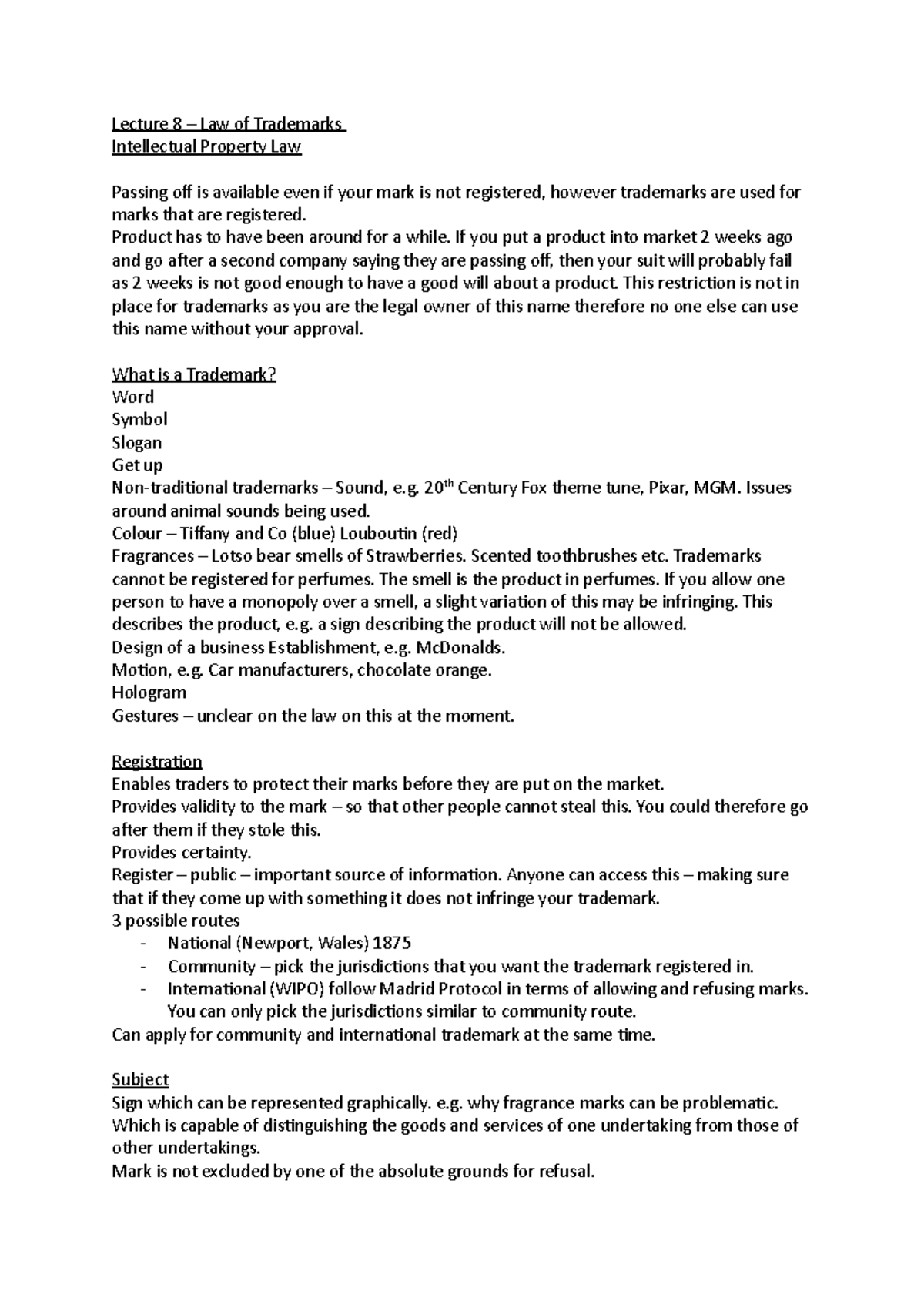 Lecture 8 - Trademarks - First Class Notes - Lecture 8 – Law of ...