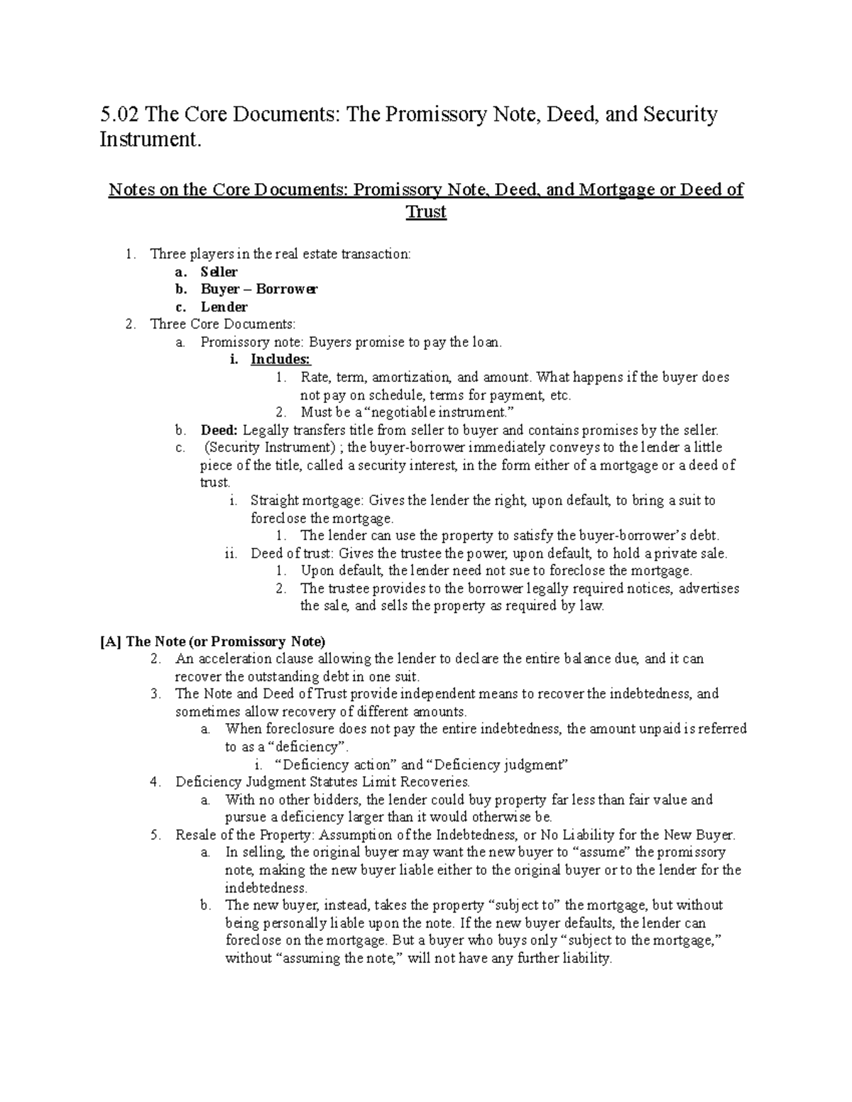 02 - Notes - 5 The Core Documents: The Promissory Note, Deed, and ...