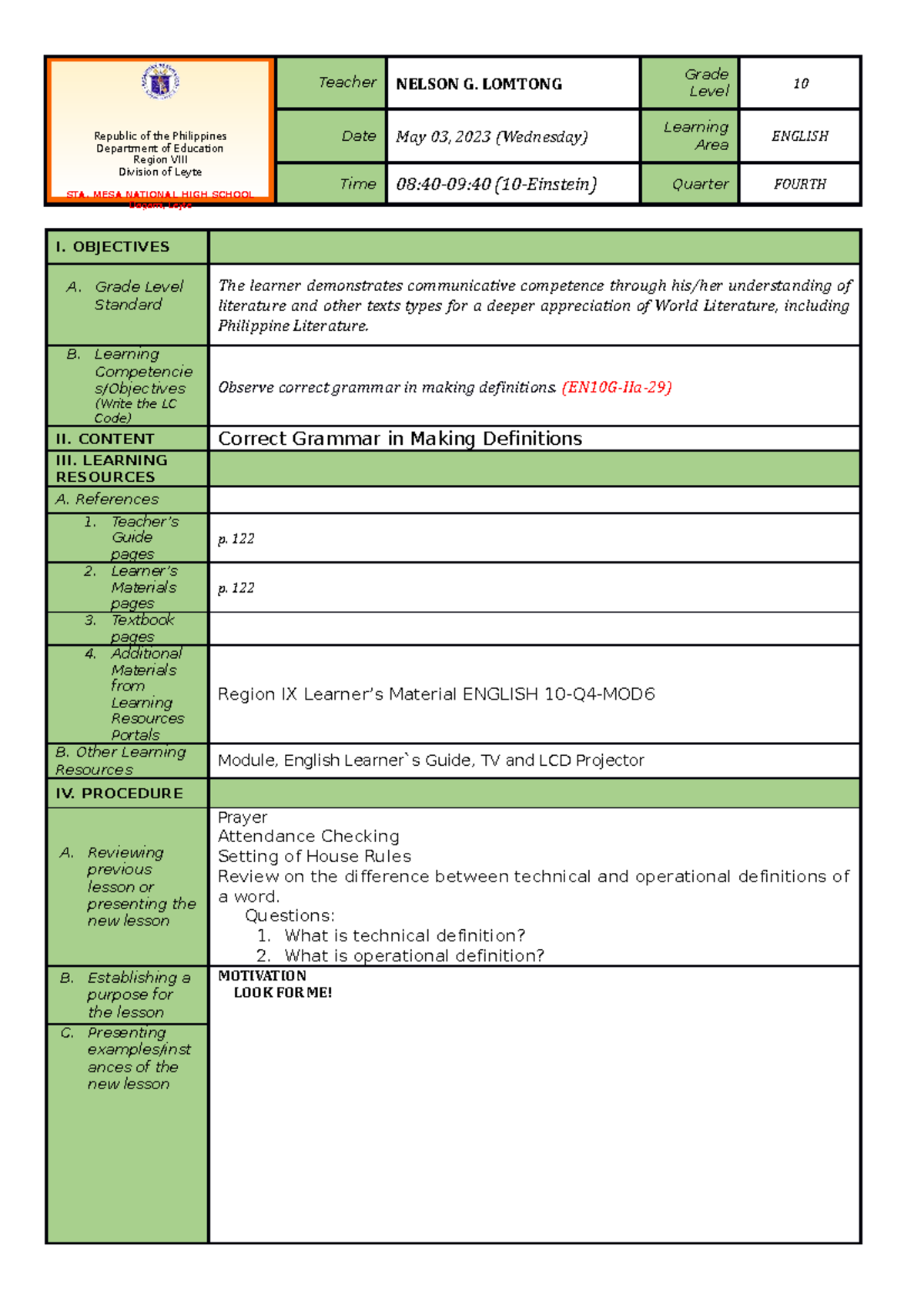CO2 LP - a Lesson Plan for CO - Teacher NELSON G. LOMTONG Grade Level ...