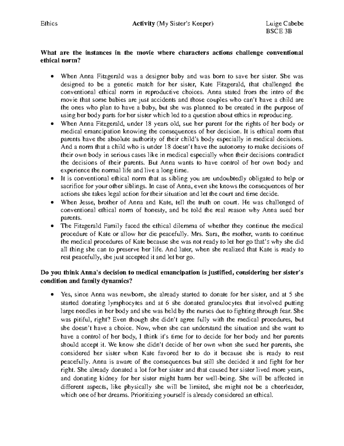 Cabebe, Luige-Ethics - Ethics Activity (My Sister’s Keeper) Luige ...