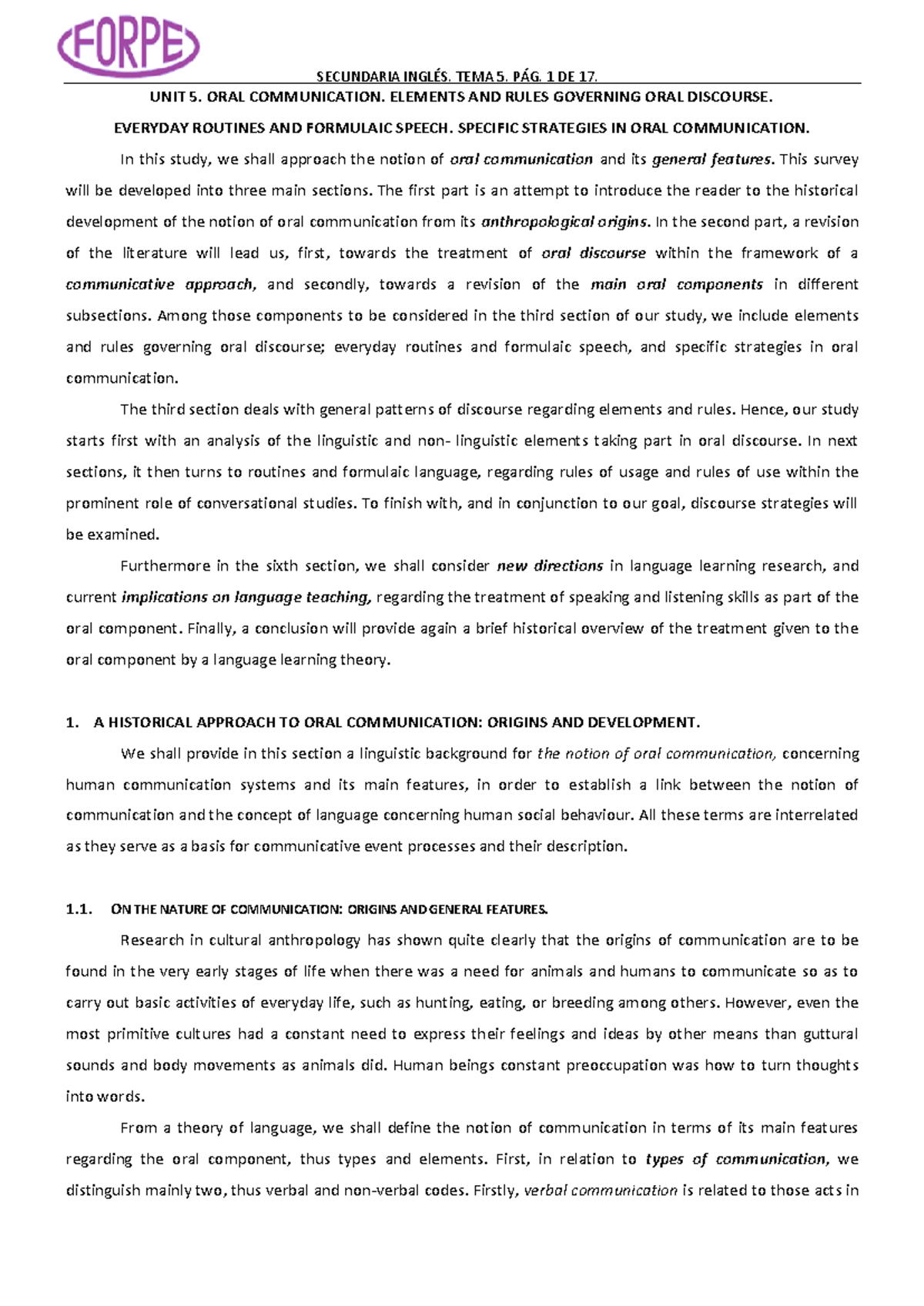 Topic 05 oral communication - UNIT 5. ORAL COMMUNICATION. ELEMENTS AND ...