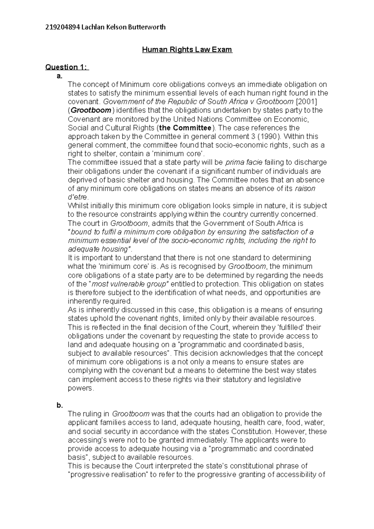 219204894 MLL211 Human Rights Law - Human Rights Law Exam Question 1: a ...