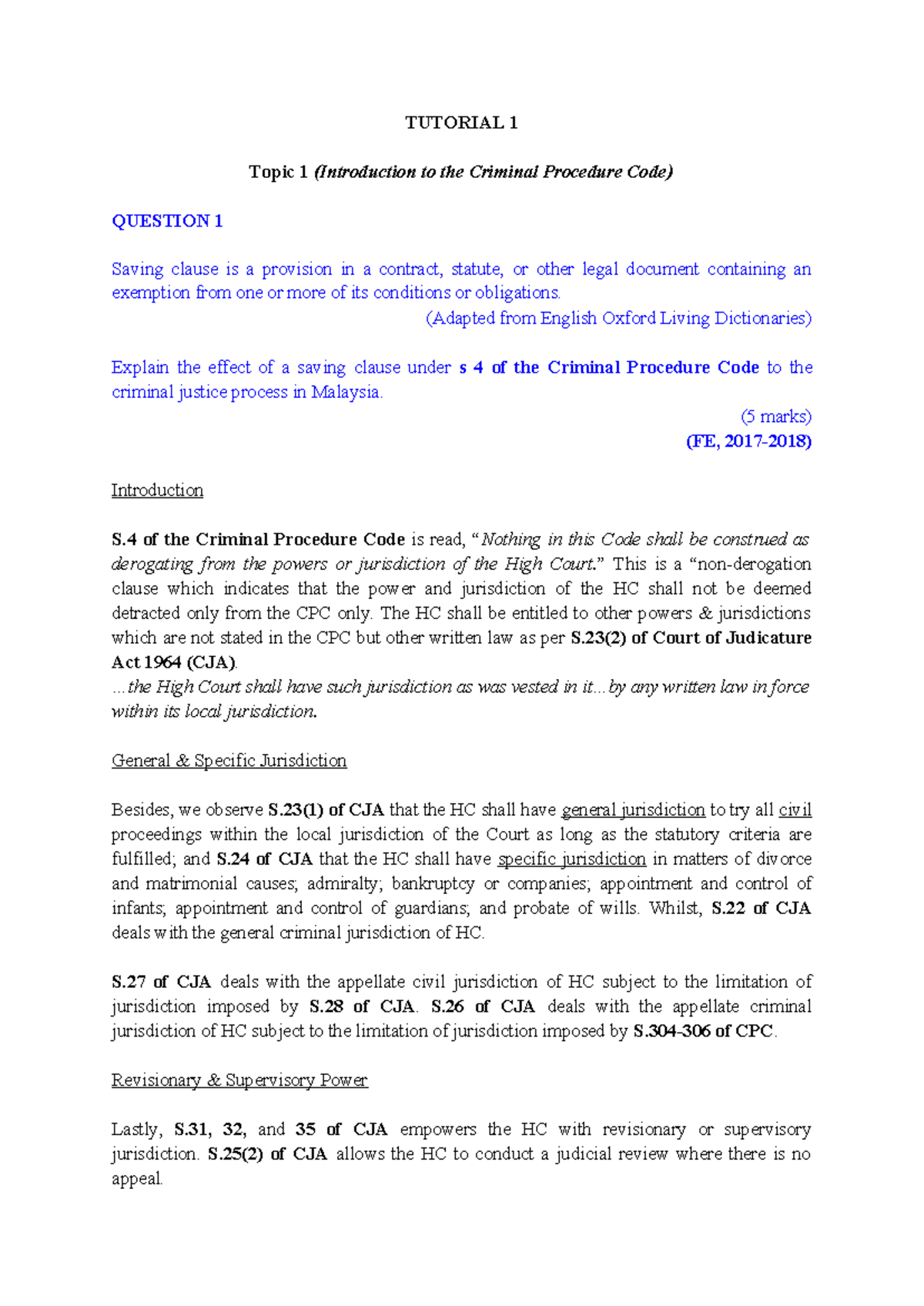 (Tutorial) Criminal Procedure 1 - TUTORIAL 1 Topic 1 (Introduction to the Criminal Procedure ...