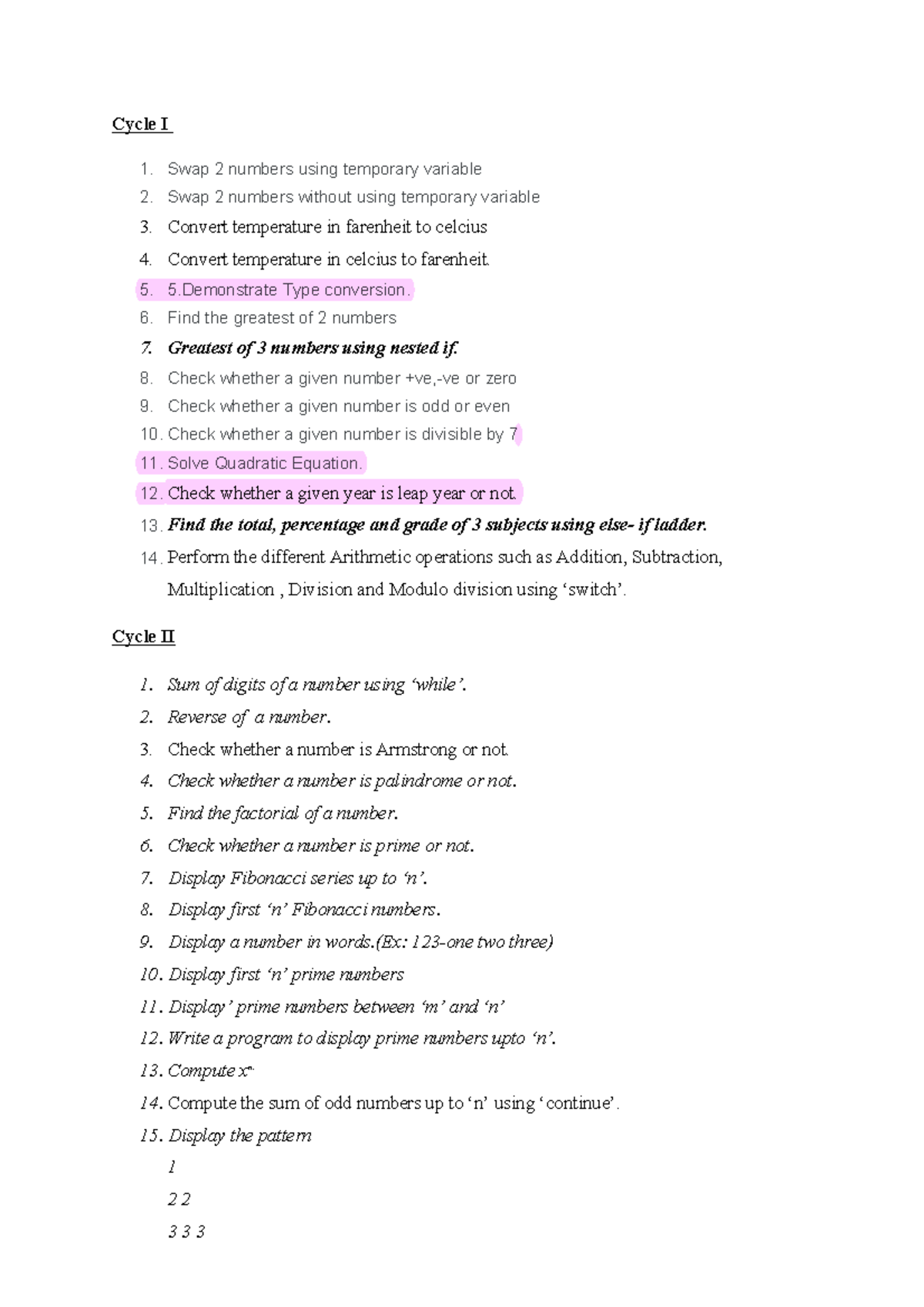 C Lab Questions - Cycle I Swap 2 numbers using temporary variable Swap ...