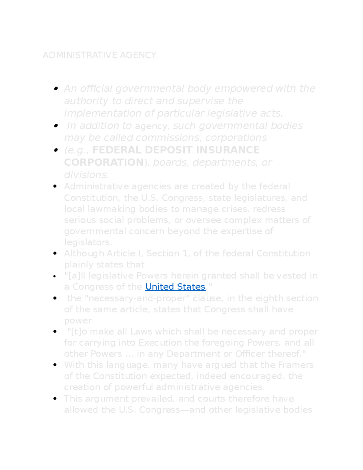 Week 4 notes Administrative Agency - ADMINISTRATIVE AGENCY An official ...