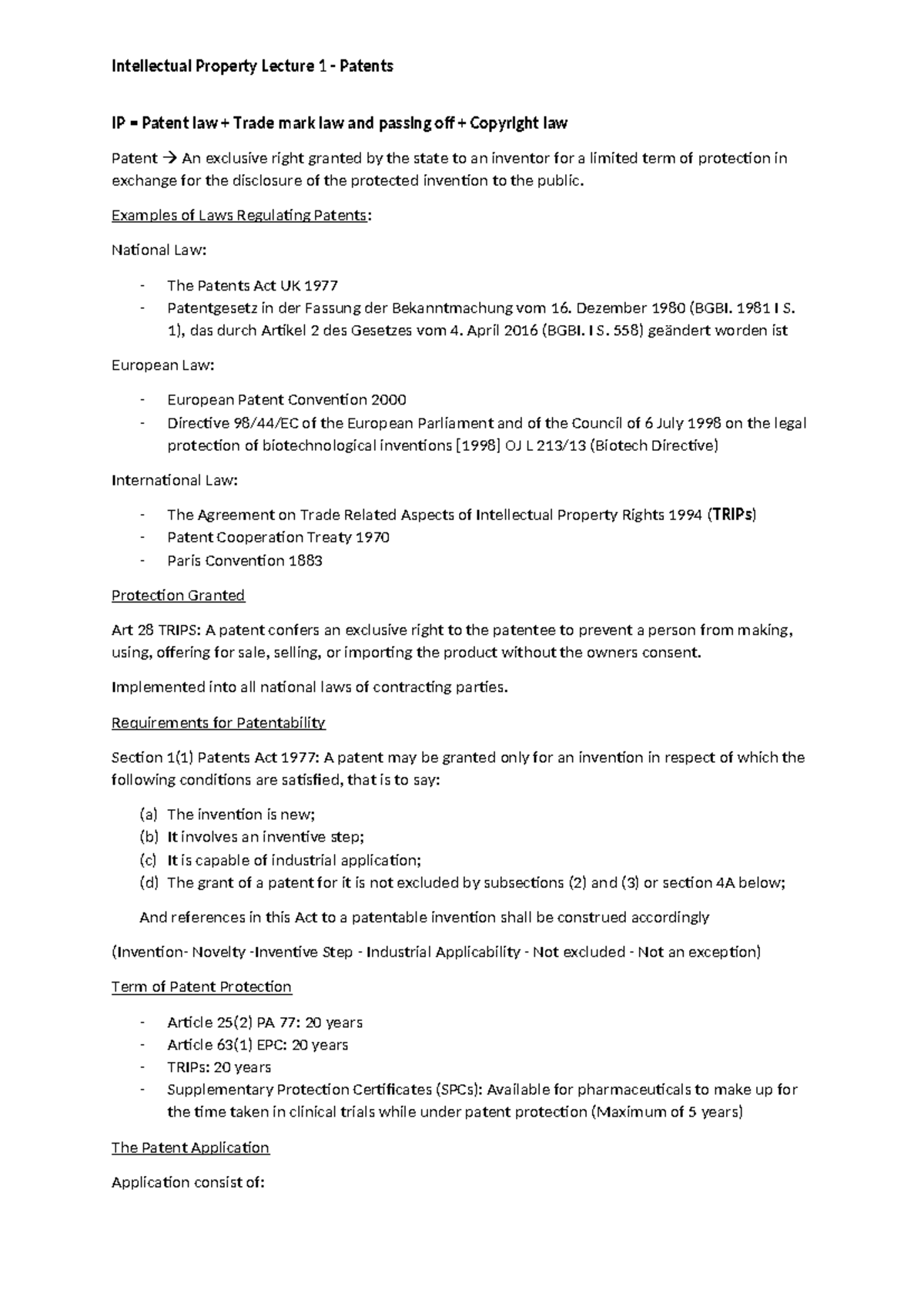 IP notes from uni - IP = Patent law + Trade mark law and passing off ...