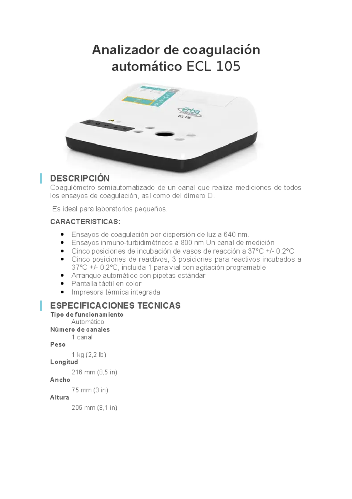 Analizador de coagulación automático - Analizador de coagulación automático ECL 105 DESCRIPCIÓN ...