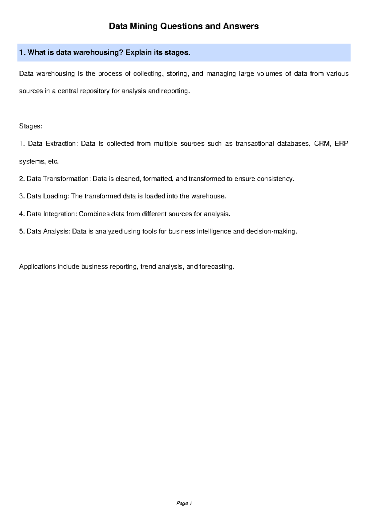 Data Mining Questions Answers 1 What Is Data Warehousing Explain