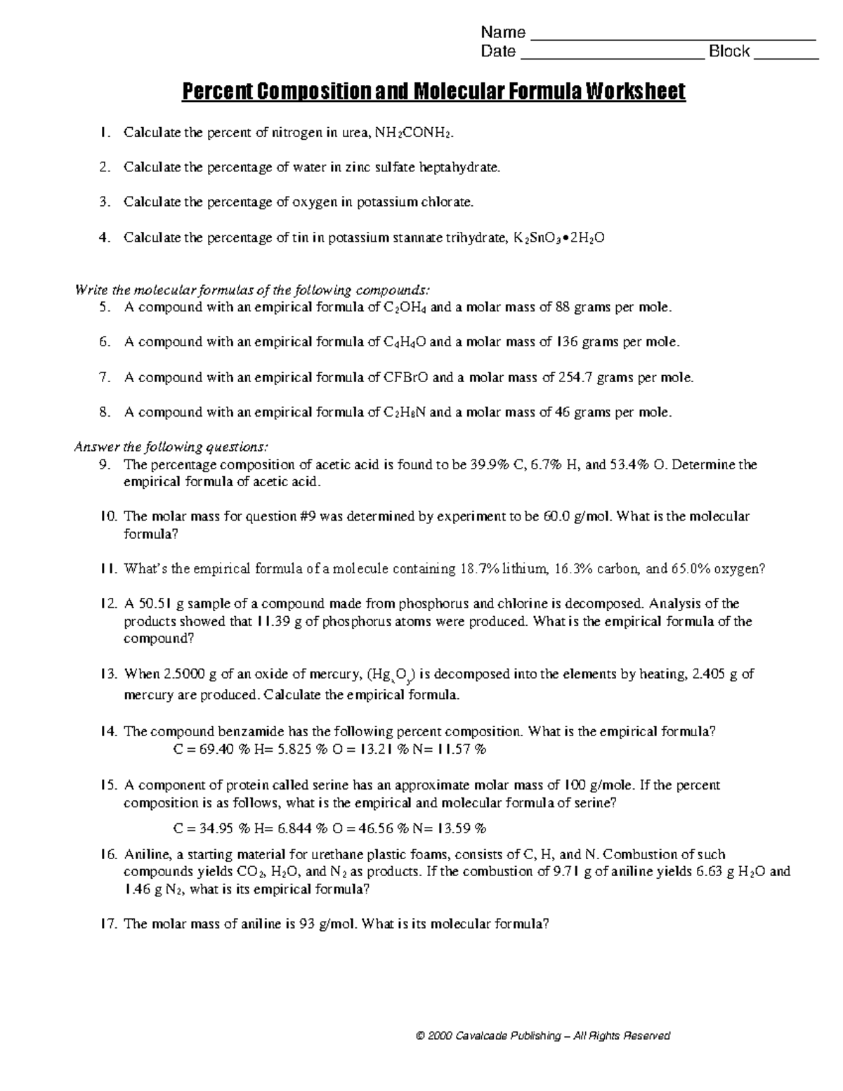 Empirical formula worksheet - © 2000 Cavalcade Publishing – All Rights ...
