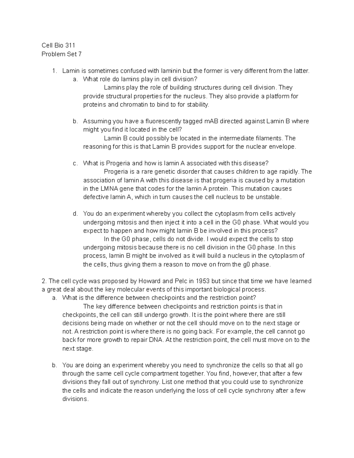 Cell Bio Set 7 - cell biology problem set #7 - Cell Bio 311 Problem Set ...