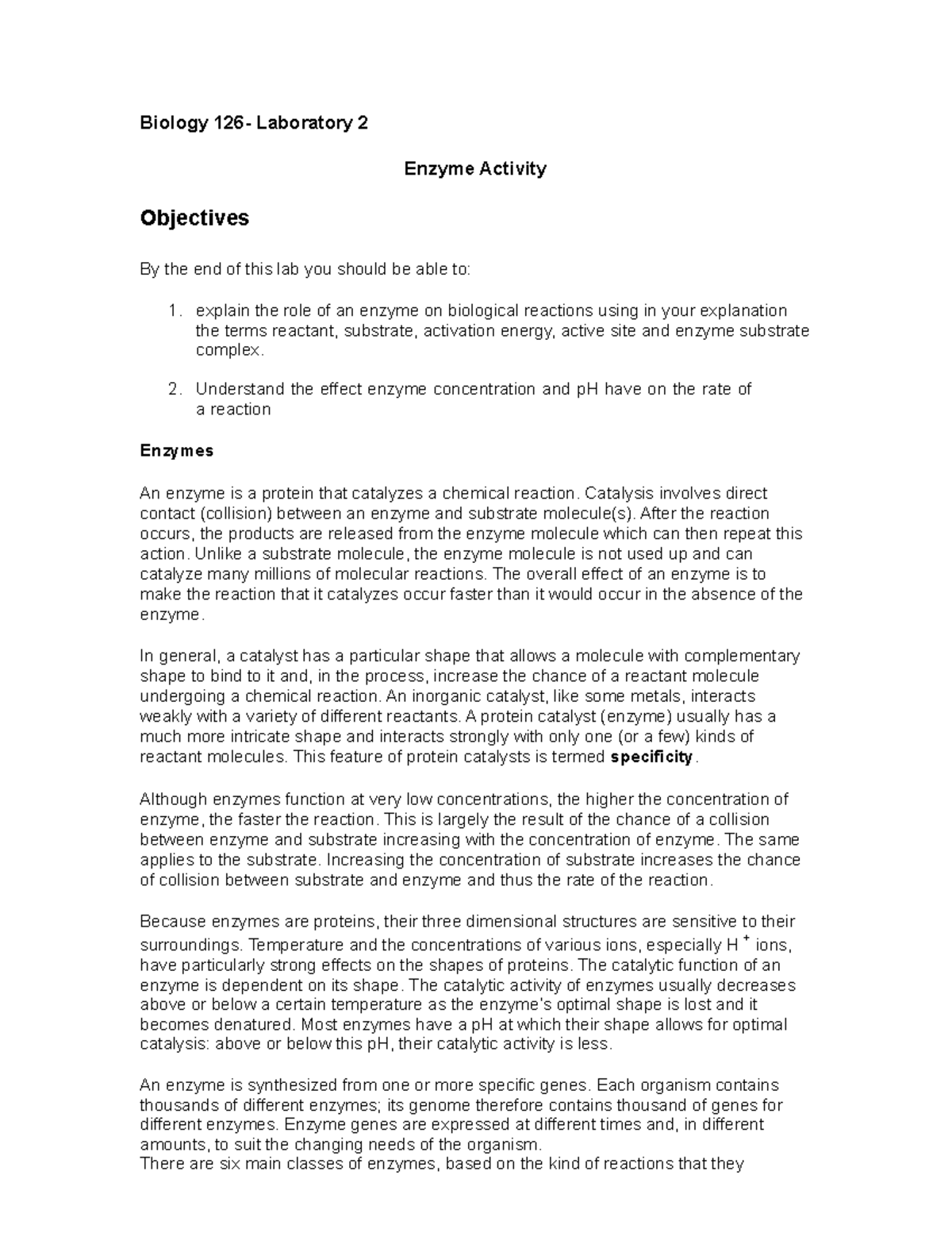 Lab Manual 2 - Biology 126- Laboratory 2 Enzyme Activity Objectives By ...