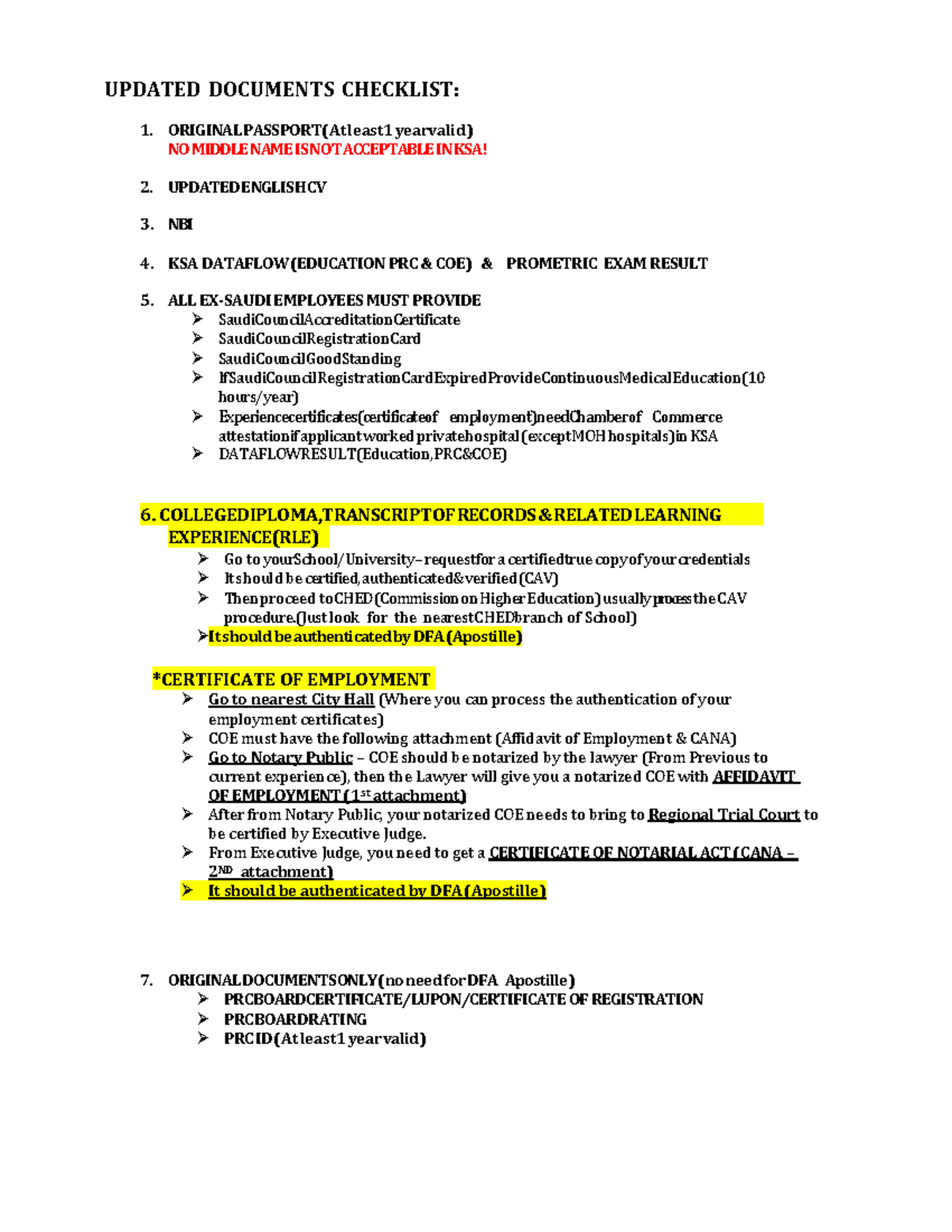 Updated Documents Checklist - UPDATED DOCUMENTS CHECKLIST: ORIGINAL ...