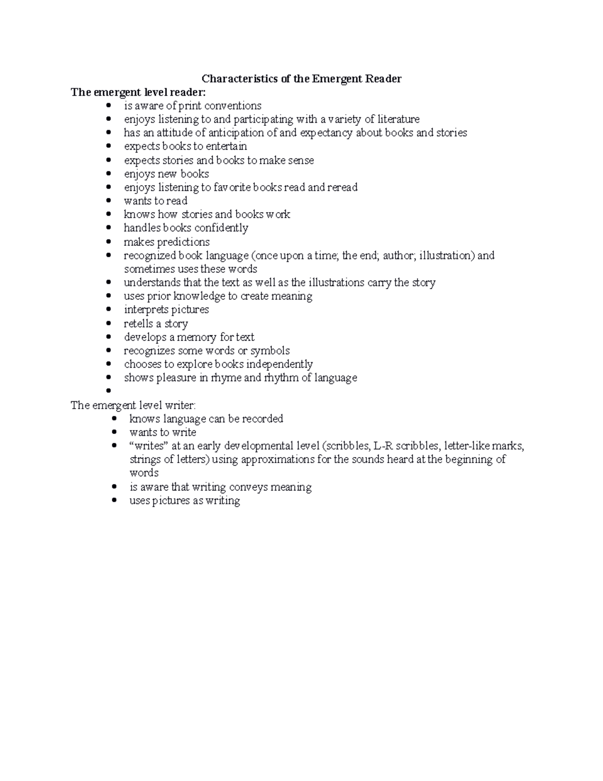 Characteristics Emerg Reader - Characteristics of the Emergent Reader ...