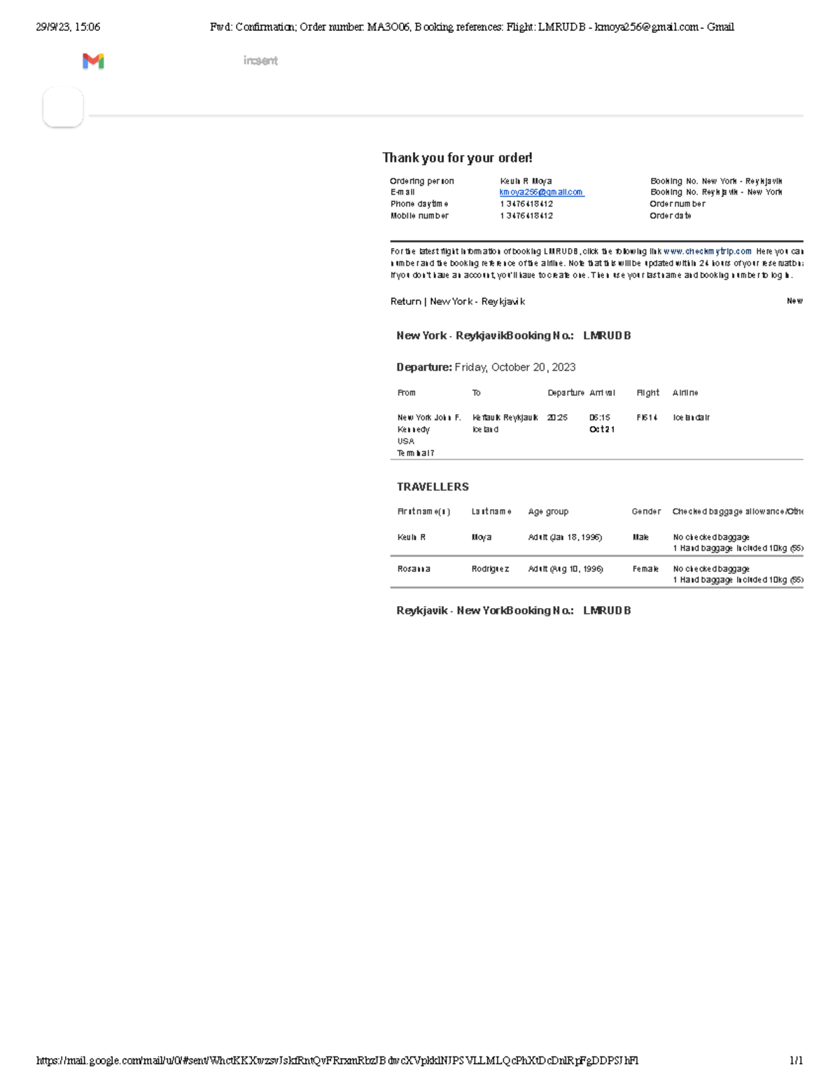 Fwd Confirmation; Order number MA3O06, Booking references Flight Lmrudb ...