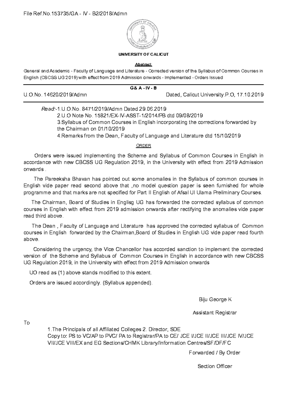 Common Course -English - U.O. 14620/2019/Admn Dated, Calicut University ...