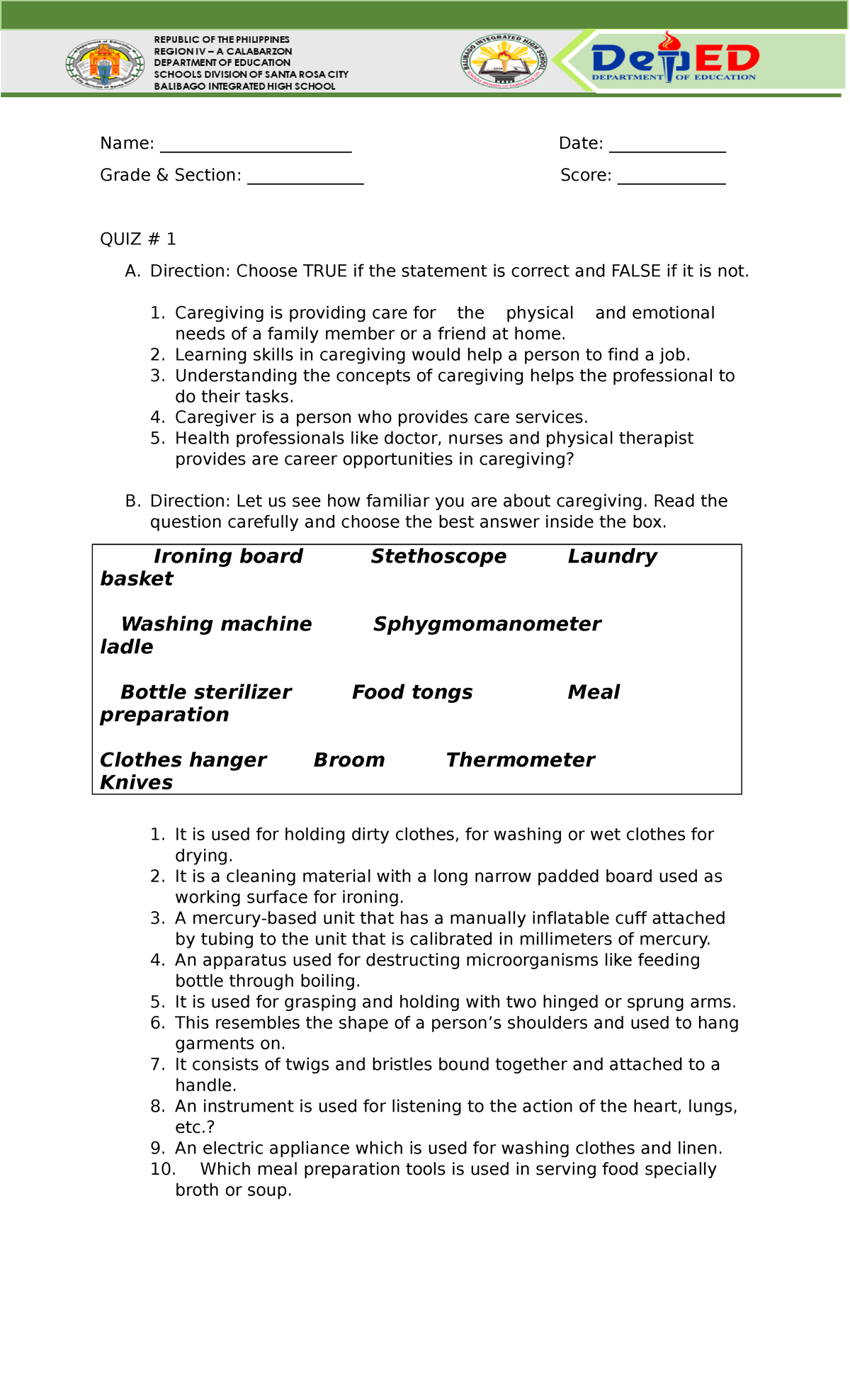 care giving tle - Name: _______________________ Date ...