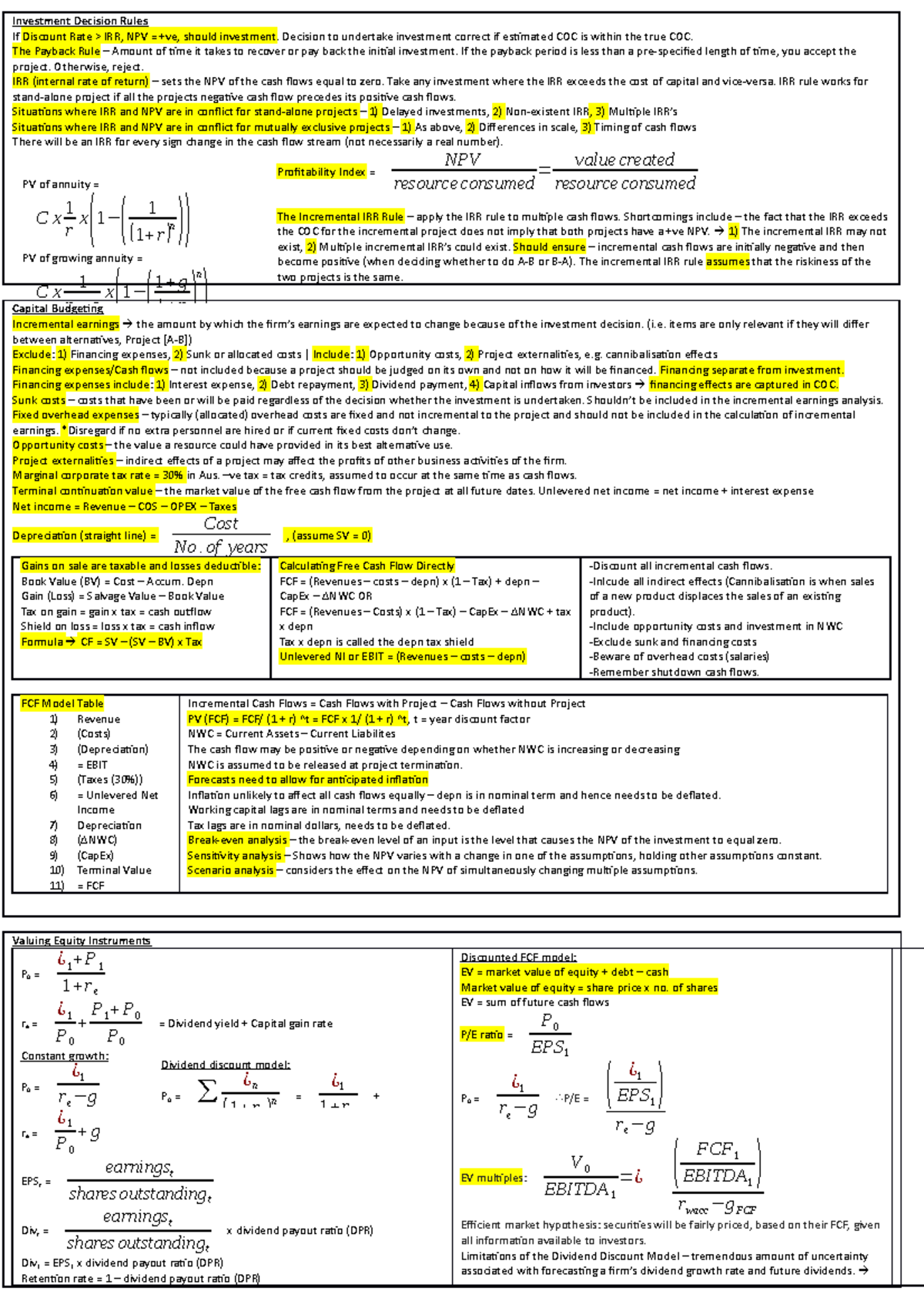 Finance Final Exam Cheat Sheet - Investment Decision Rules If Discount ...