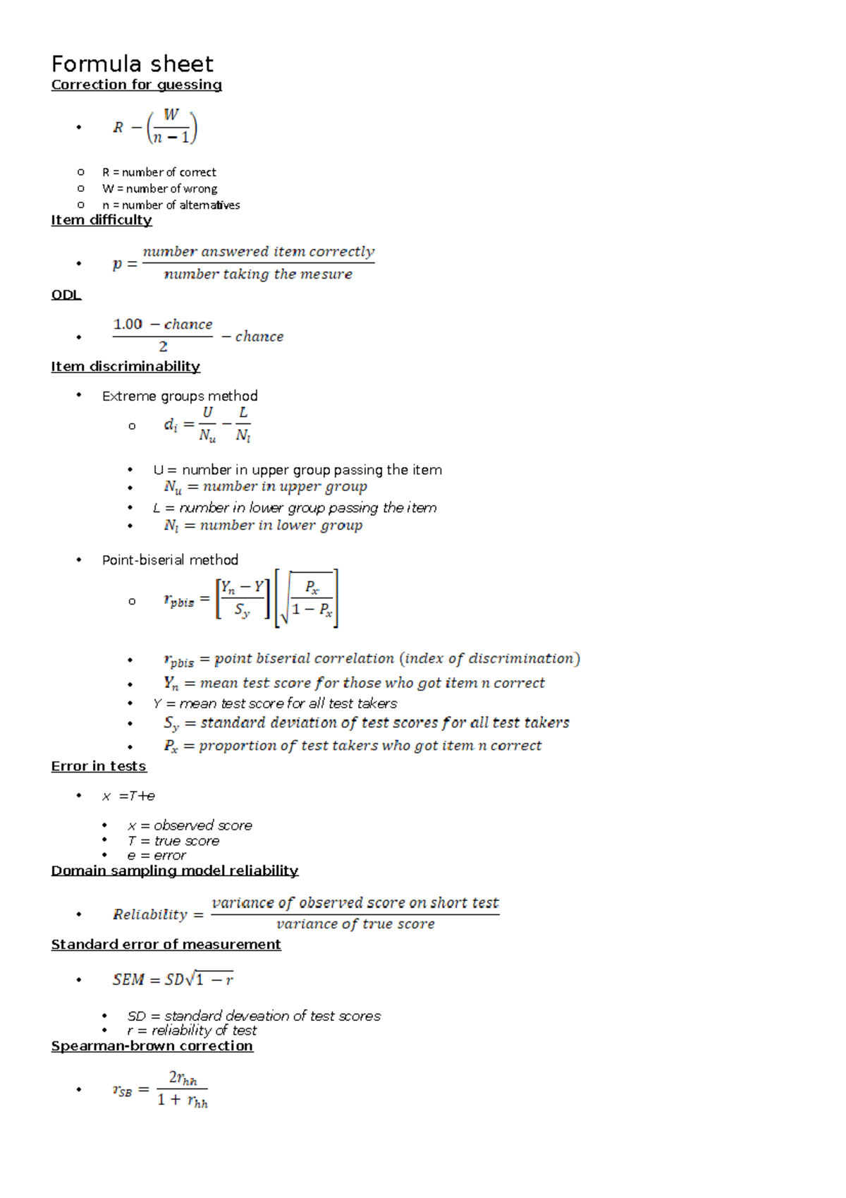 Psychometrics - Formula sheet Correction for guessing o R = number of ...