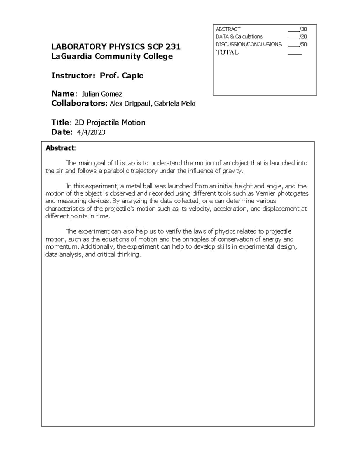 SCP231 Lab 3 - 2D Projectile Motion - LABORATORY PHYSICS SCP 231 ...