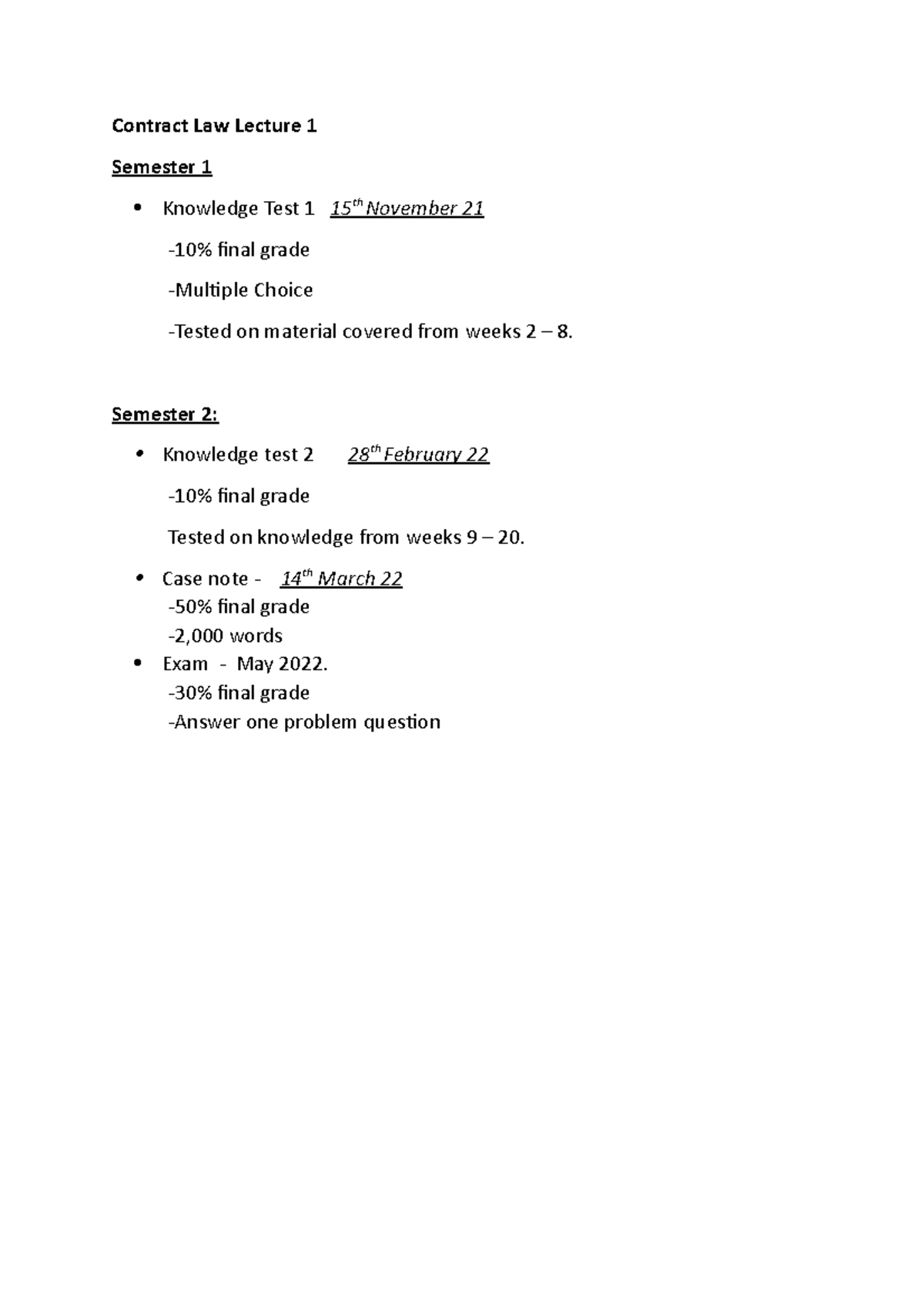 Contract Law Lecture 1 - Semester 2: Knowledge test 2 28 th February 22 ...