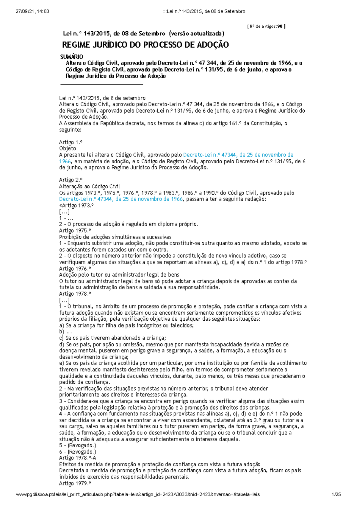 Lei n.º 143 2015 , Reg Jur de Adoção - [ Nº de artigos: 90 ] Lei n.º ...