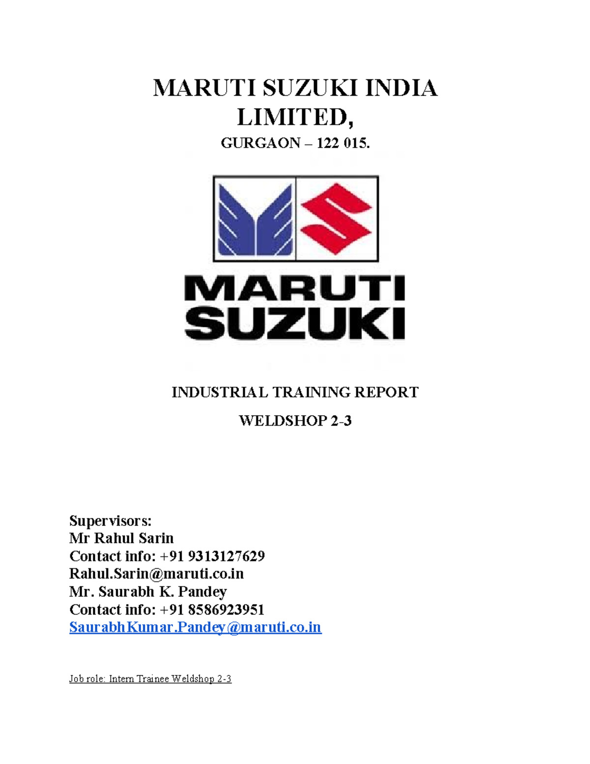 MSIL Training Report - Summary Dynamics and kinematics of machines ...