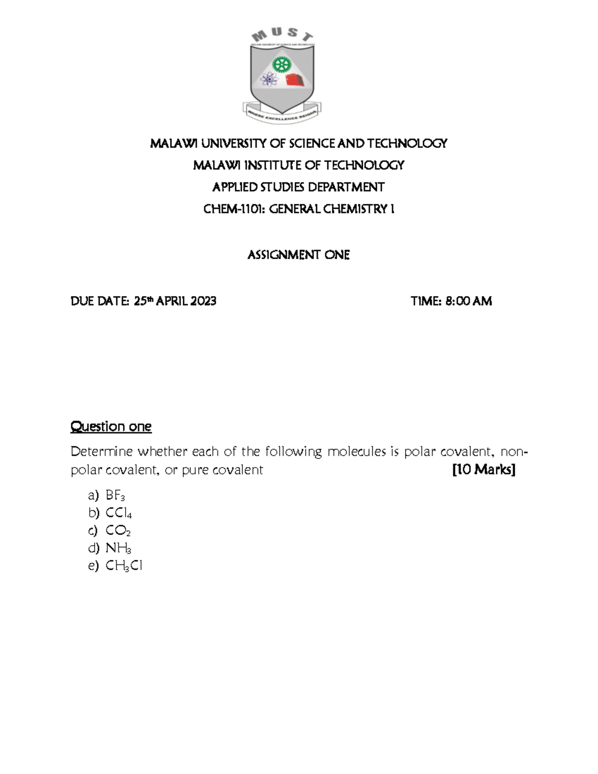 Assignment CHEM 1101 - MALAWI UNIVERSITY OF SCIENCE AND TECHNOLOGY ...