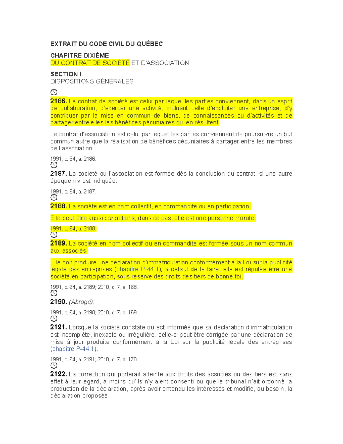 Extrait du code civil - Les sociétés - EXTRAIT DU CODE CIVIL DU QUÉBEC CHAPITRE DIXIÈME DU ...