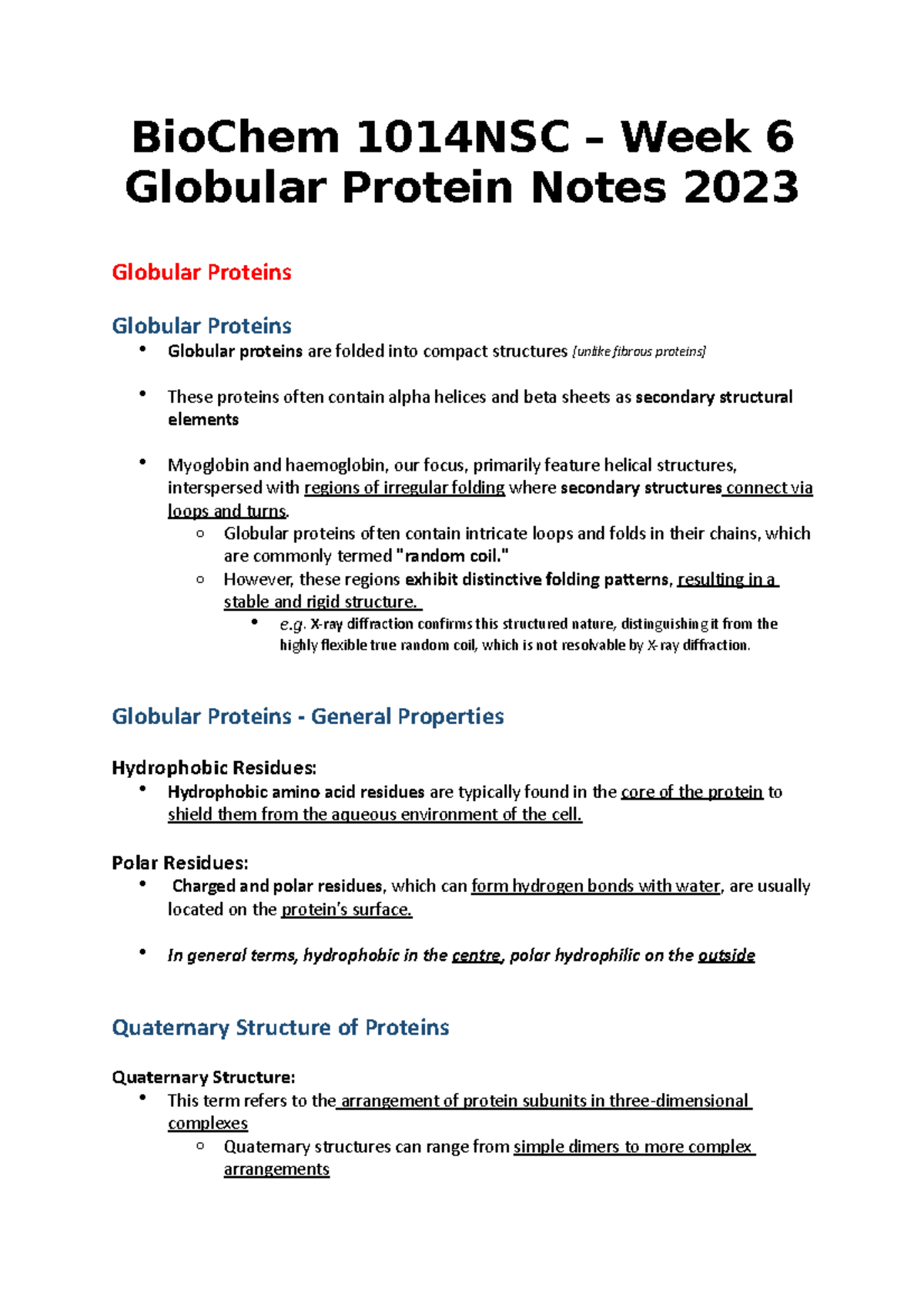Wk 6 - Globular Proteins Notes - BioChem 1014NSC – Week 6 Globular ...