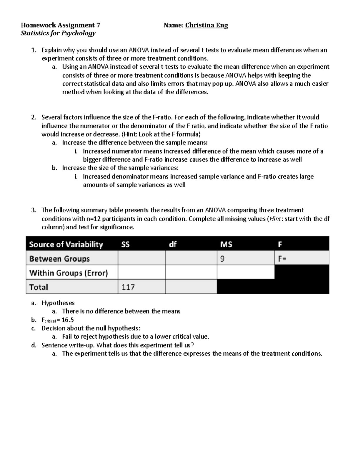Homework 7 1 Way Anova-1 - Homework Assignment 7 Name: Christina Eng Statistics for Psychology 1 ...